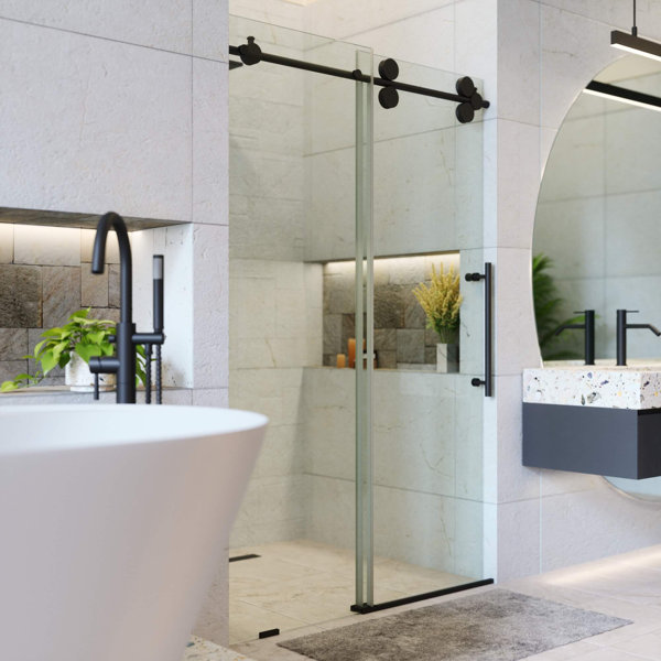 Fine Fixtures 60'' W x 74.25'' H Single Sliding Frameless Shower Door ...