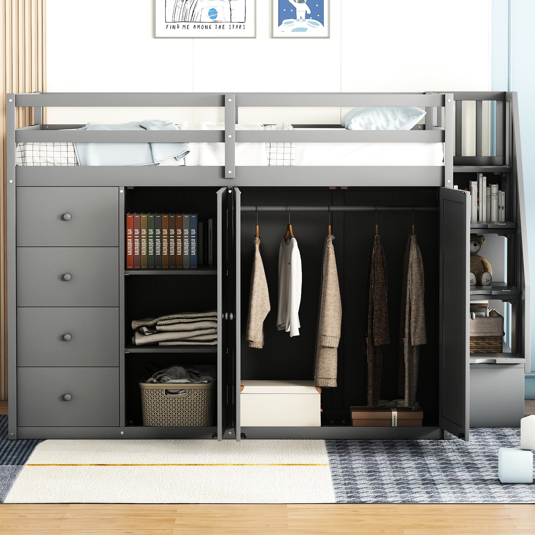 Latitude Run® Full Size Loft Bed In Gray With Versatile Storage Options ...