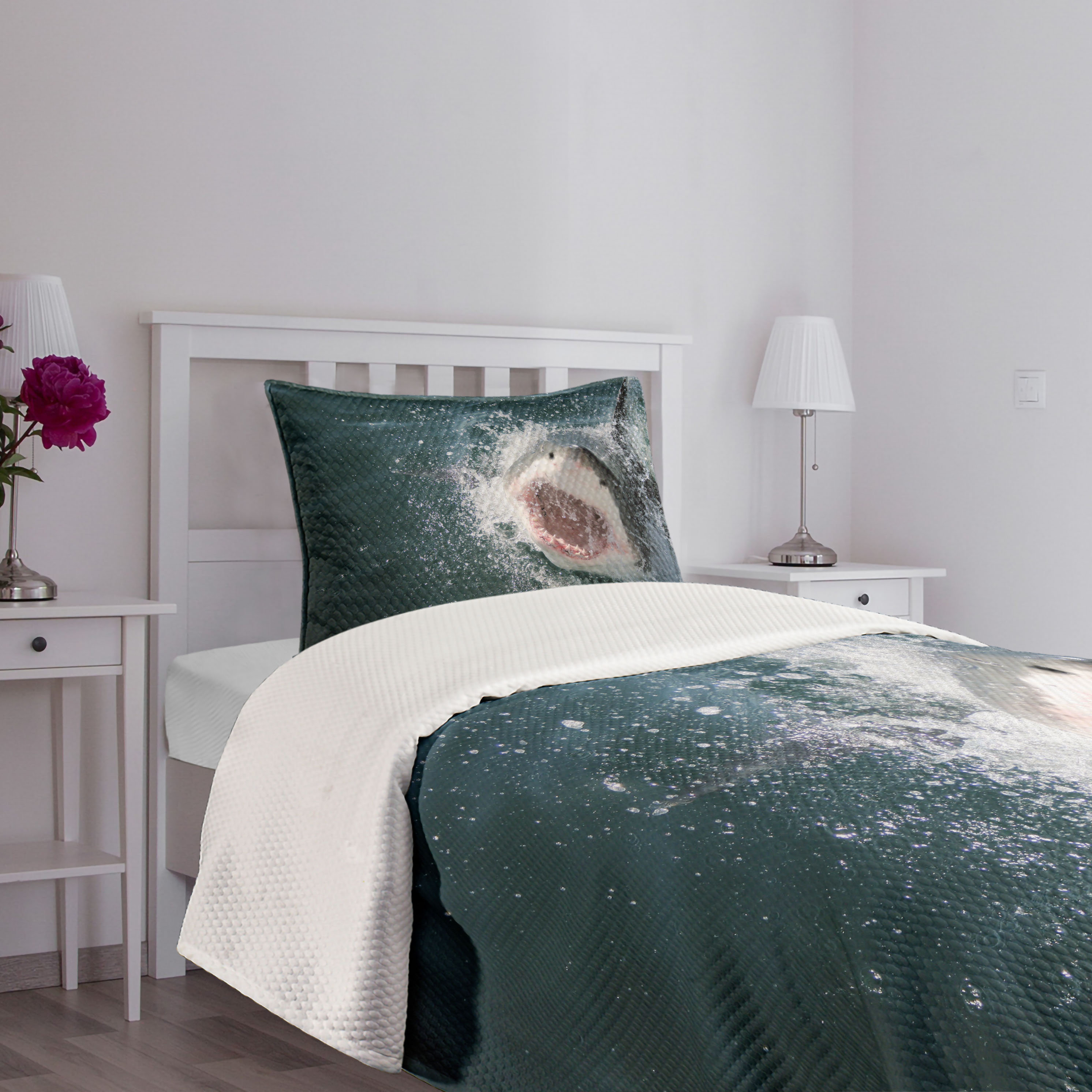 Ambesonne Shark Bedspread Set Scary Open Mouth Teeth Petrol Blue Grey ...