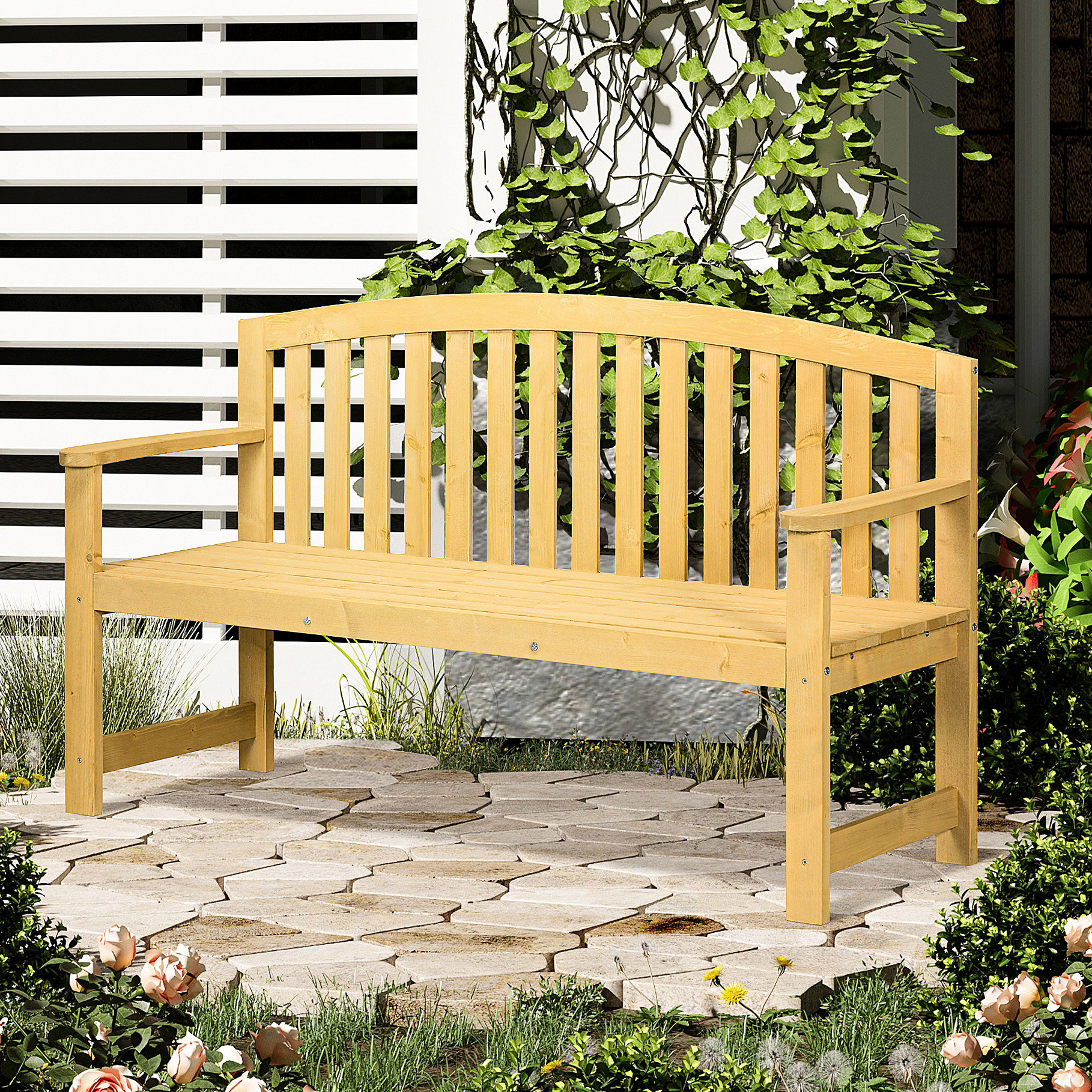 Lark Manor™ 56.25" Natural Wood Outdoor Bench With And Armrest - 2 ...