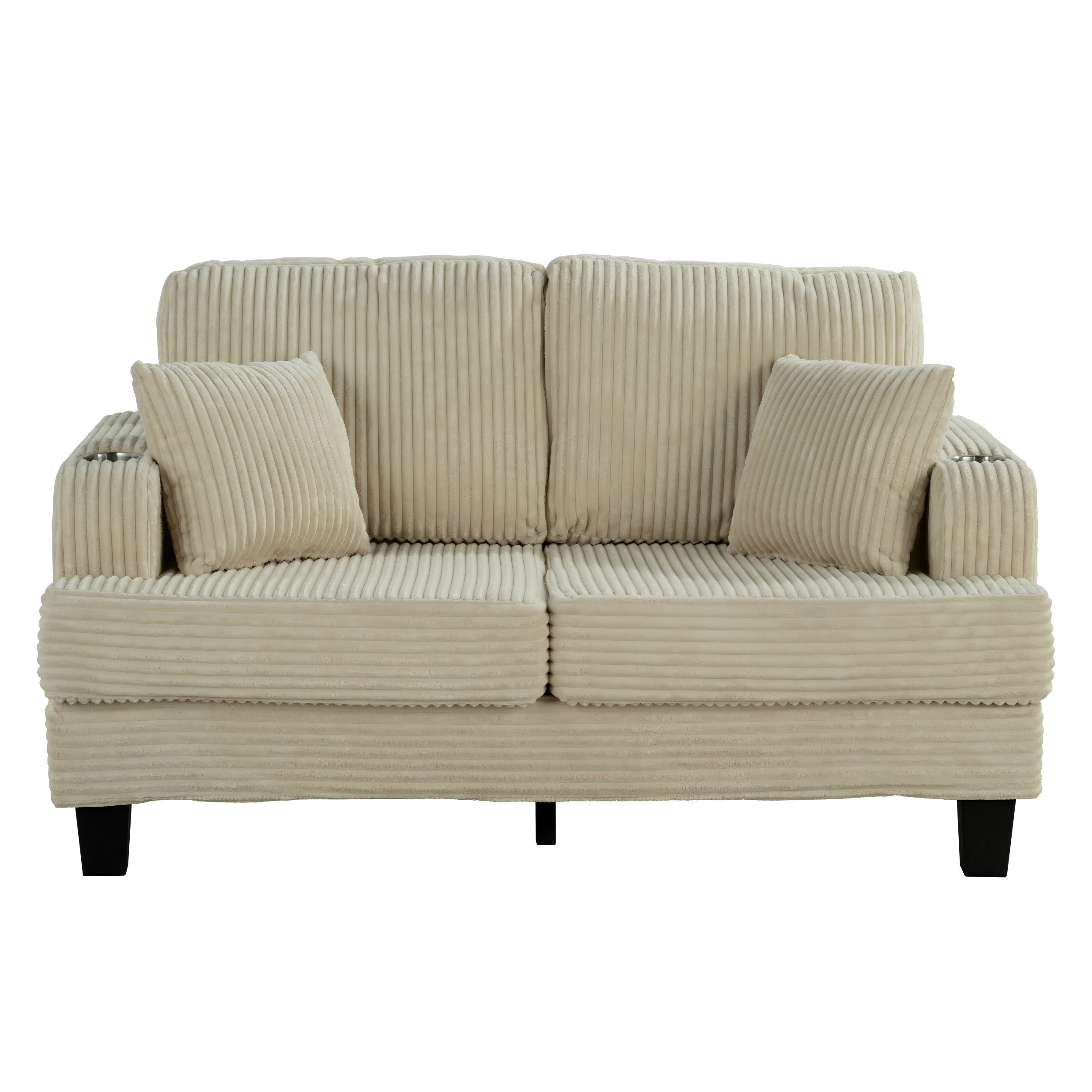 Ebern Designs Beige Corduroy Sofa With Usb Charging & Cup Holders ...
