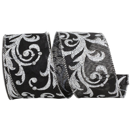 The Holiday Aisle® Scroll Filigree Glitter Iridescent Satin Wired Edge ...