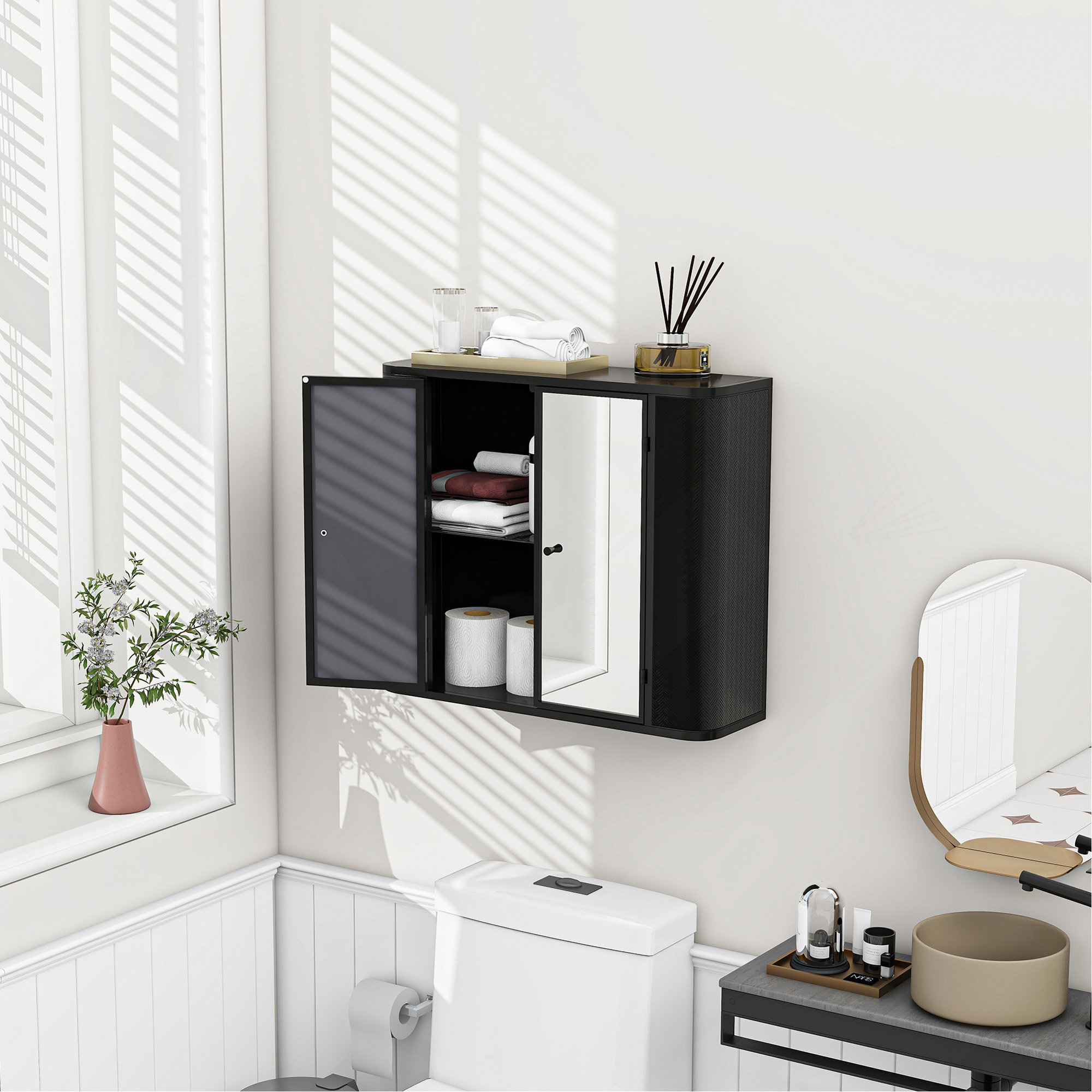 Latitude Run® Black Wall-Mounted Bathroom Cabinet with Mirror, 2 ...