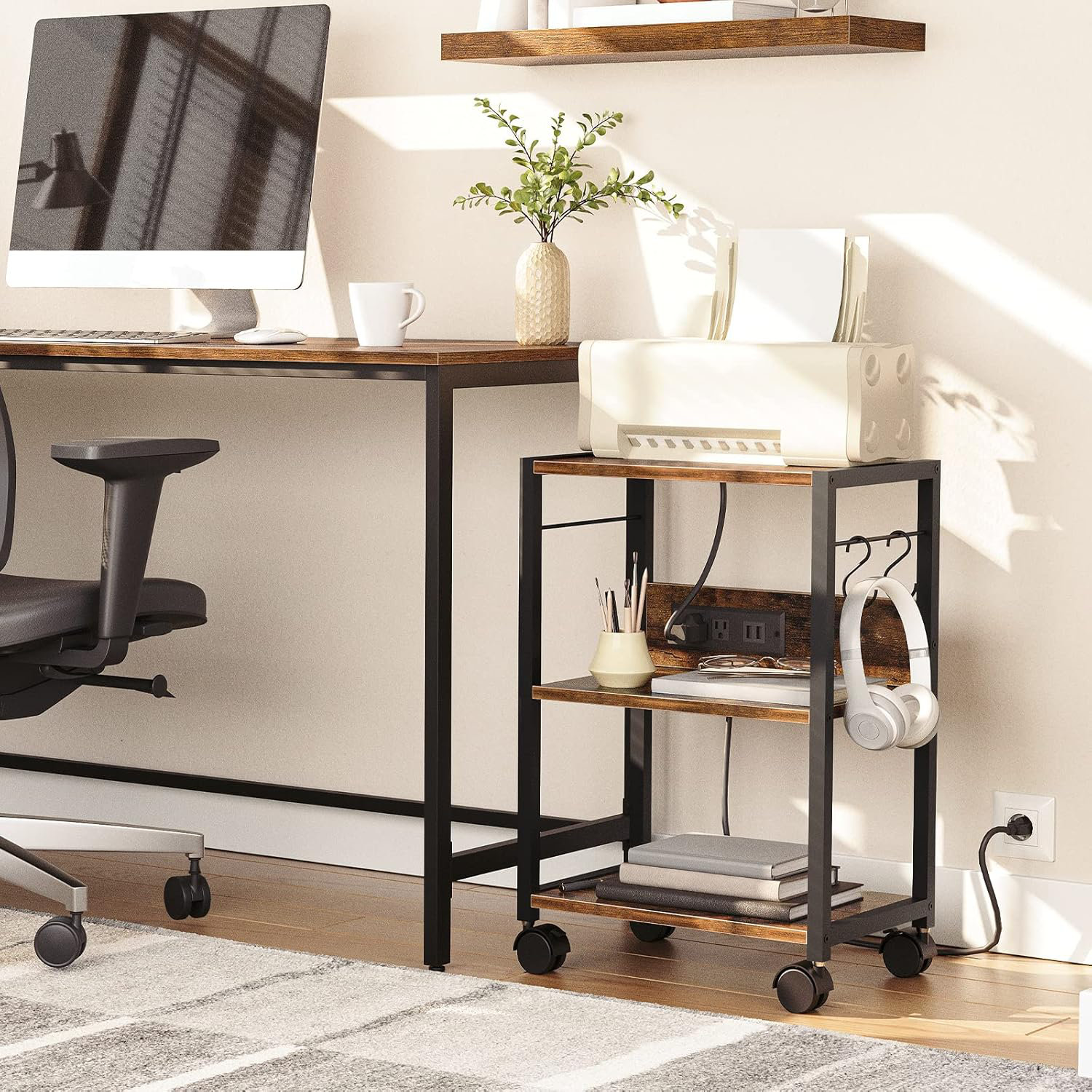 SHANXIQIANNA 3-Tier Mobile Printer Stand, Rolling Cart with Power ...