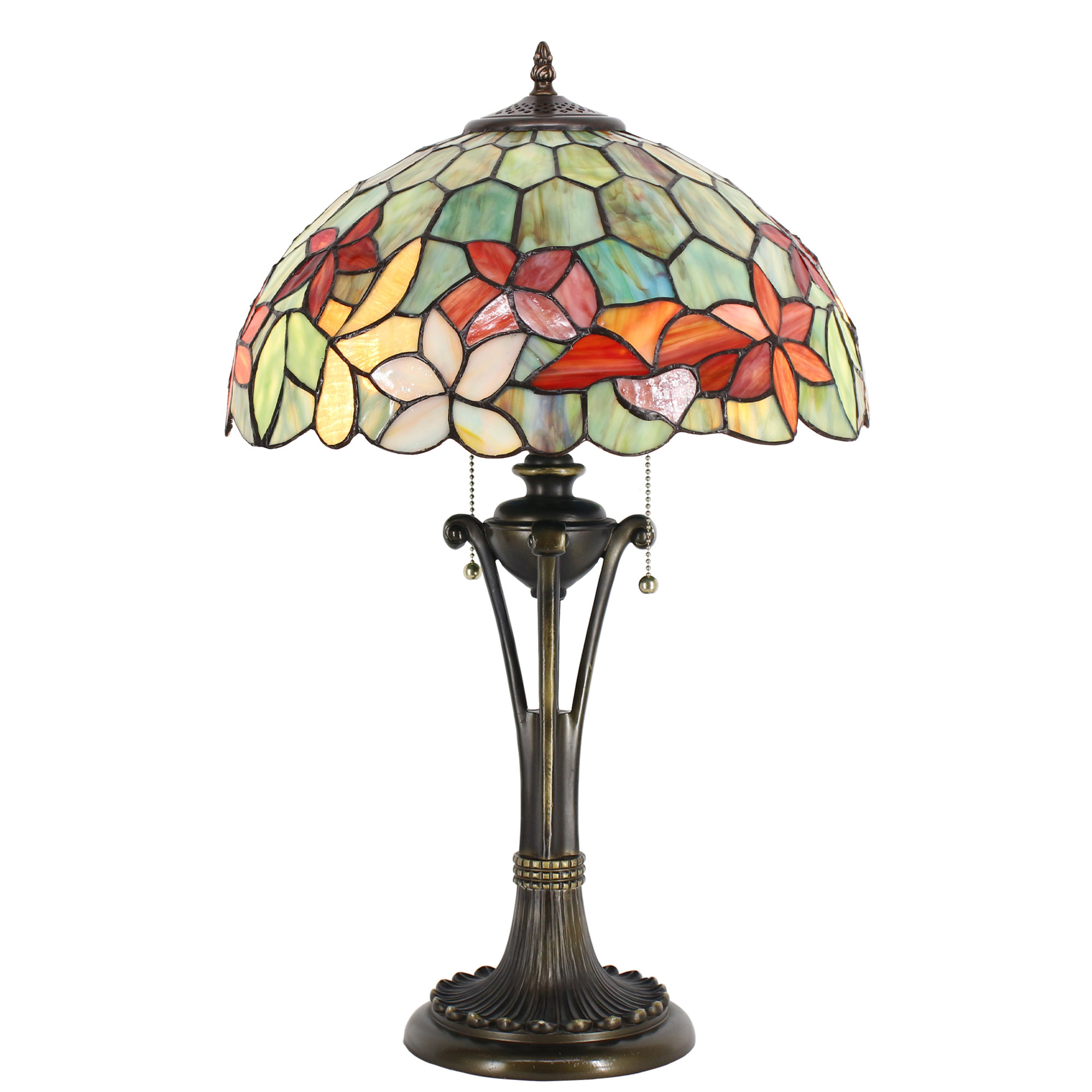 World Menagerie Tiffany Table Lamp Red Yellow Green Flowers Stained ...