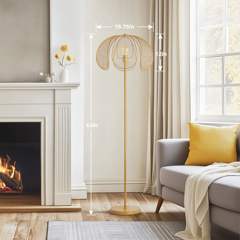 Mercer41 Ediel 63'' Gold, Metal Mesh Shade, Floral Floor Lamp with LED ...