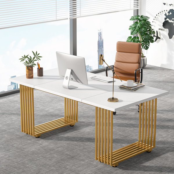 Mercer41 70.9" Modern Office Desk, White Executive Desk With Gold Metal ...