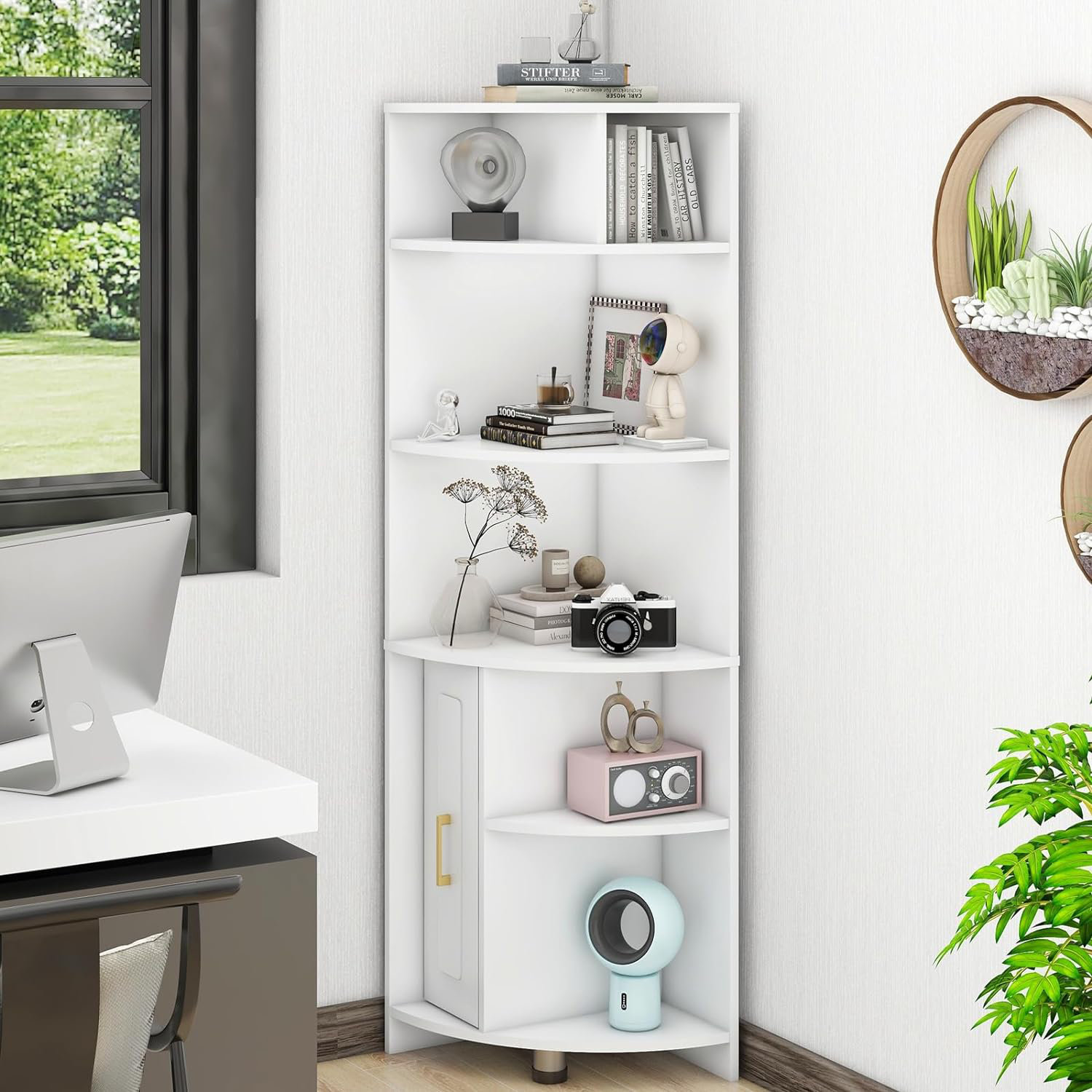 Latitude Run® 6 Tier Corner Shelf With Drawer, Corner Bookshelf And ...