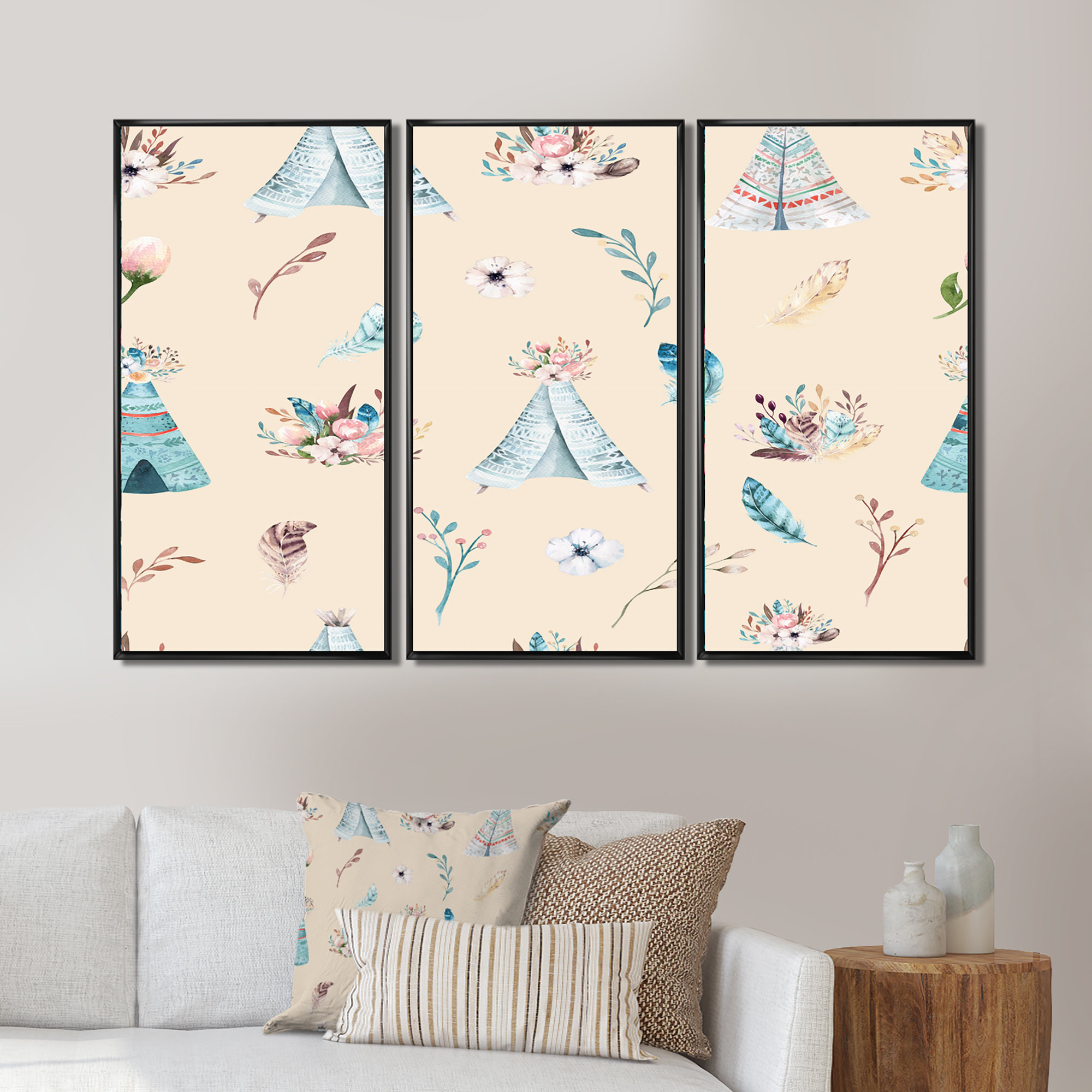 Dakota Fields Boho Wigwam with Blue Feathers and Pink Roses I - 3 Piece ...