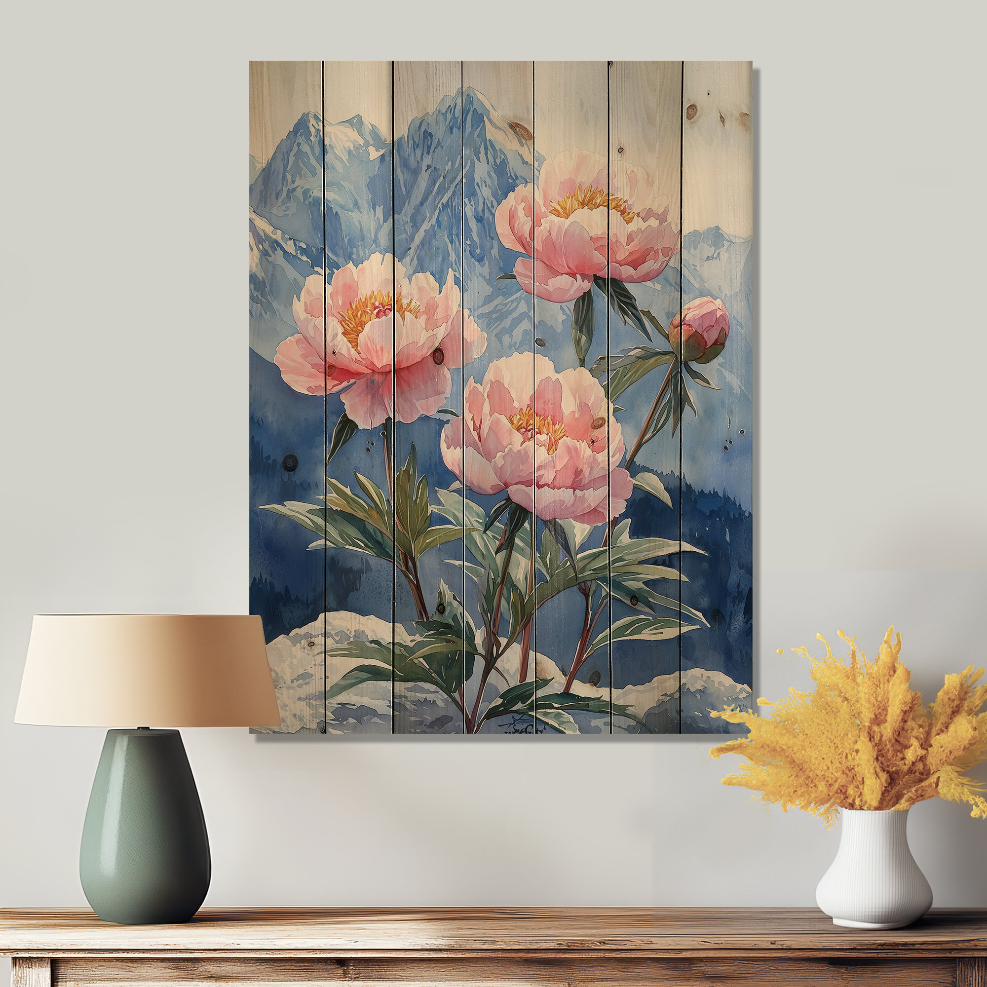 Ophelia & Co. Peonies On Mountain Cliffs Edge I - Peonies Wood Wall ...