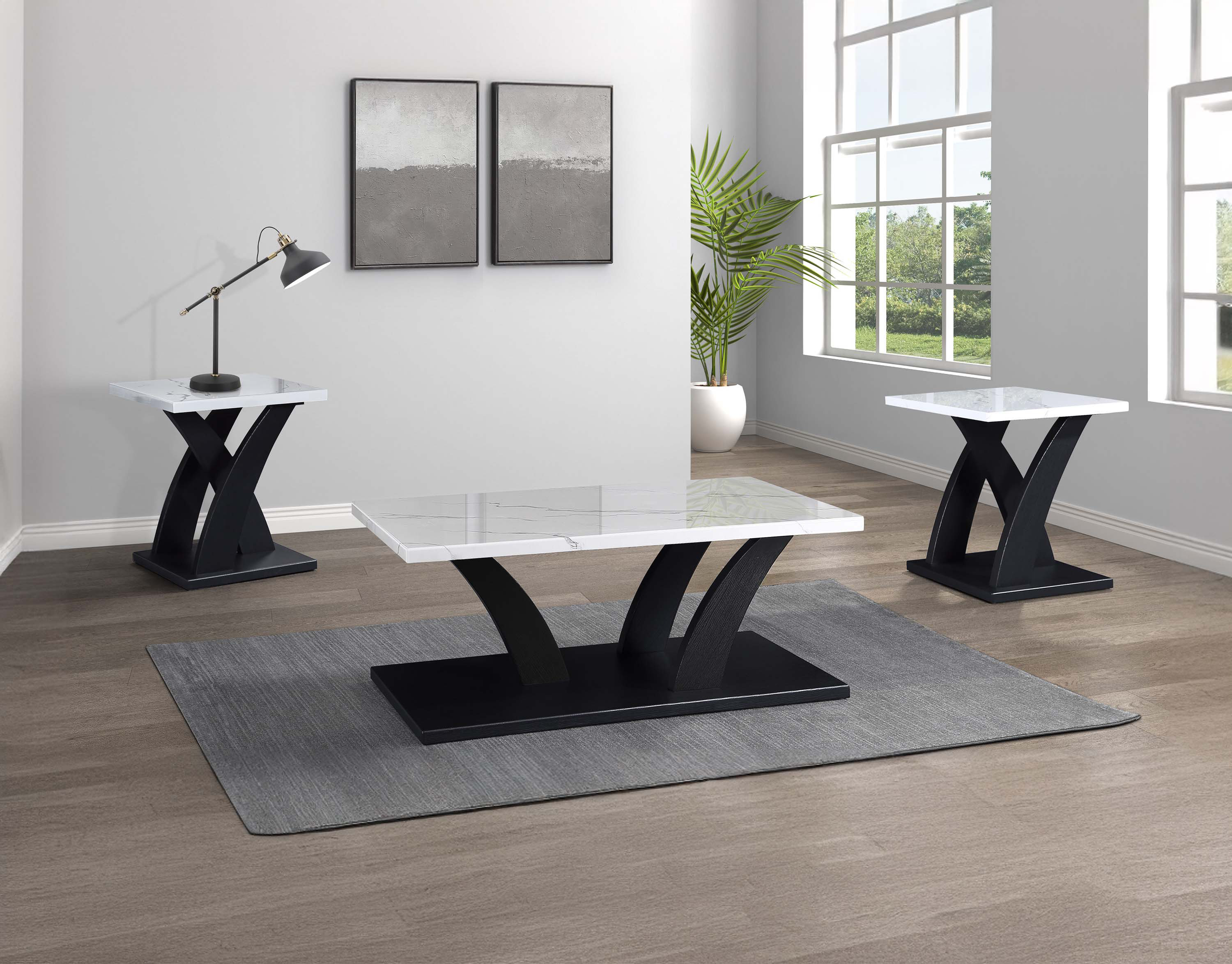 Orren Ellis Modern White Black 3-Piece Cocktail Set Faux Marble Table ...