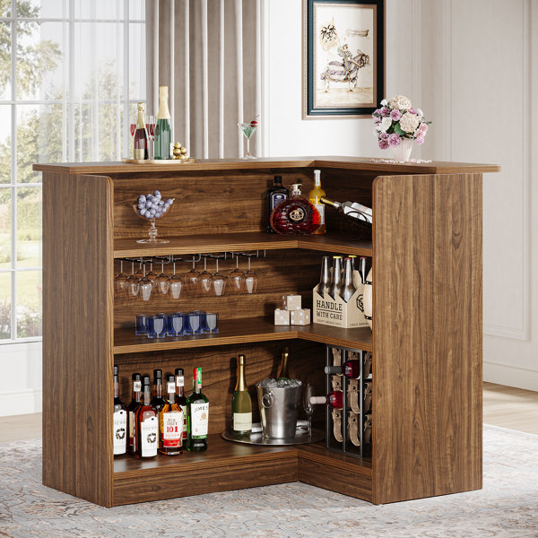 Union Rustic Lukeshia Home Bar Unit, L-Shaped Wood Bar Cabinet With ...