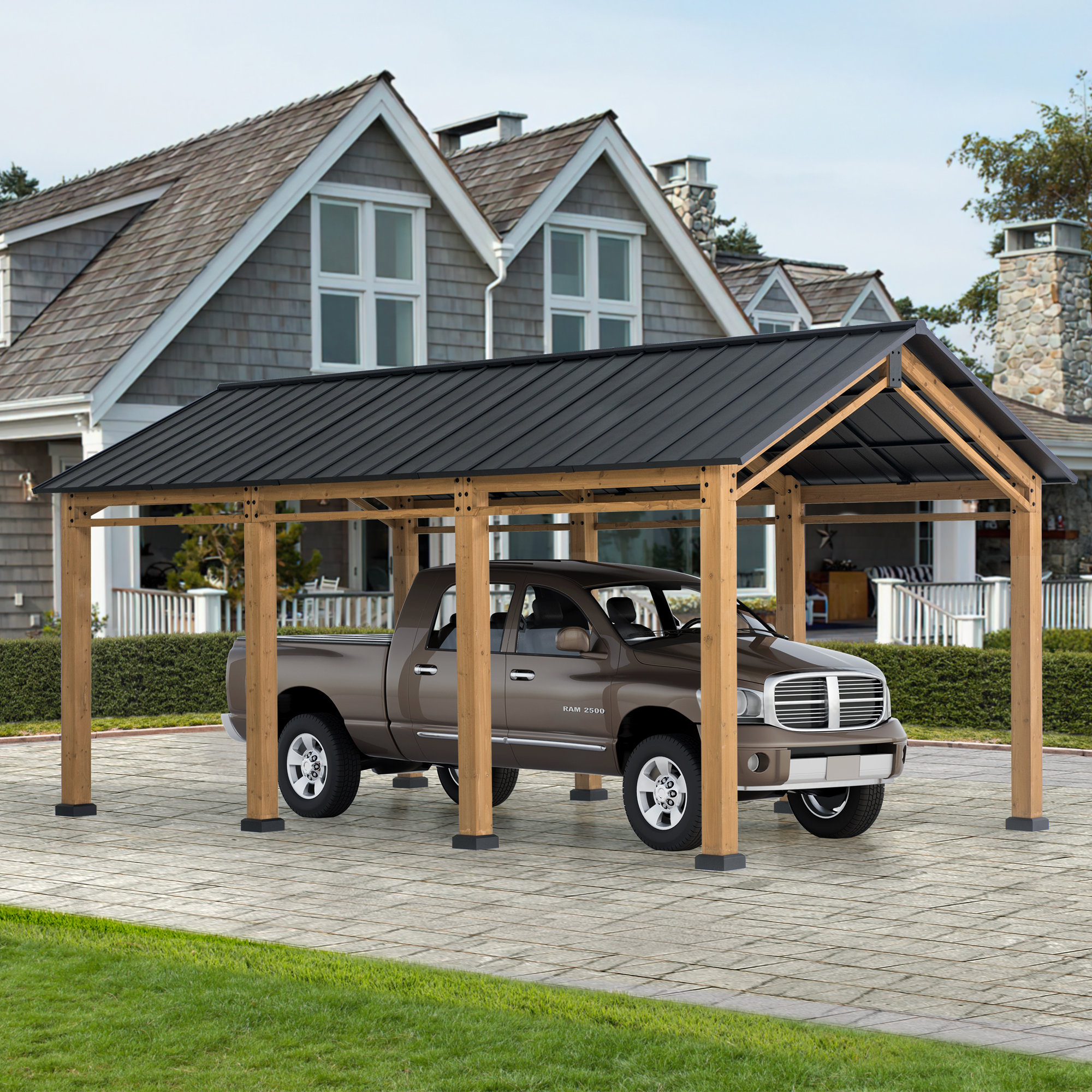Sunjoy AutoCove 11 ft. x 20 ft. Wood Heavy Duty Garage, Cedar Framed ...
