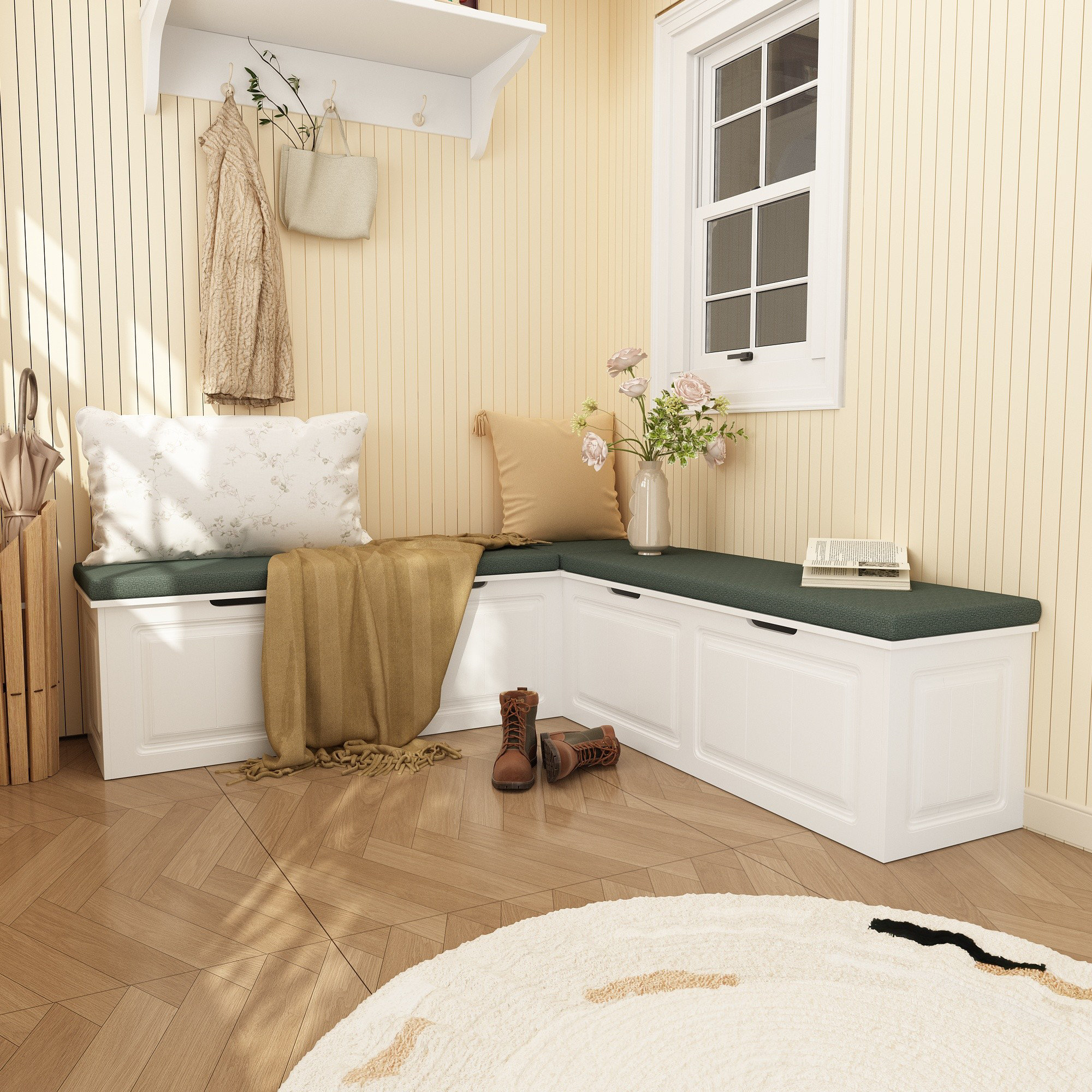 Hokku Designs Entryway L-Shaped Shoe Bench With Storage Space And ...