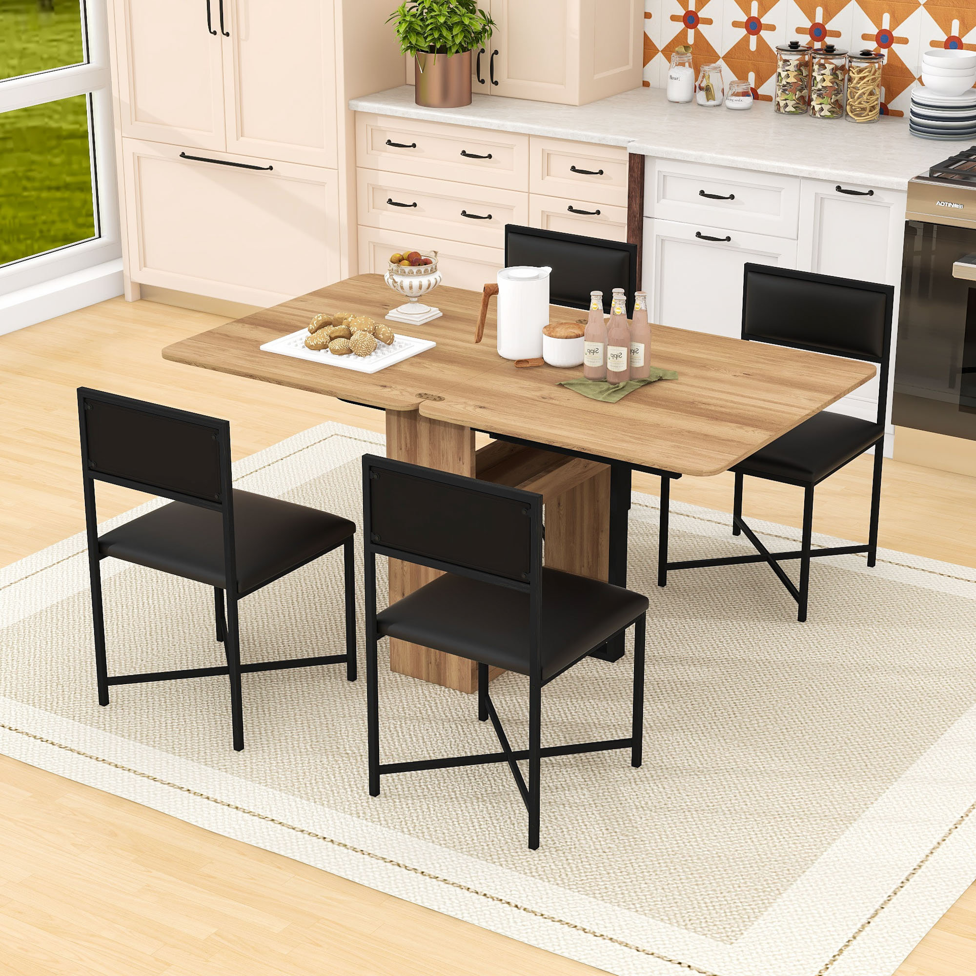 17 Stories Foldable Kitchen Table with Storage Rack and 4 PU Leather ...