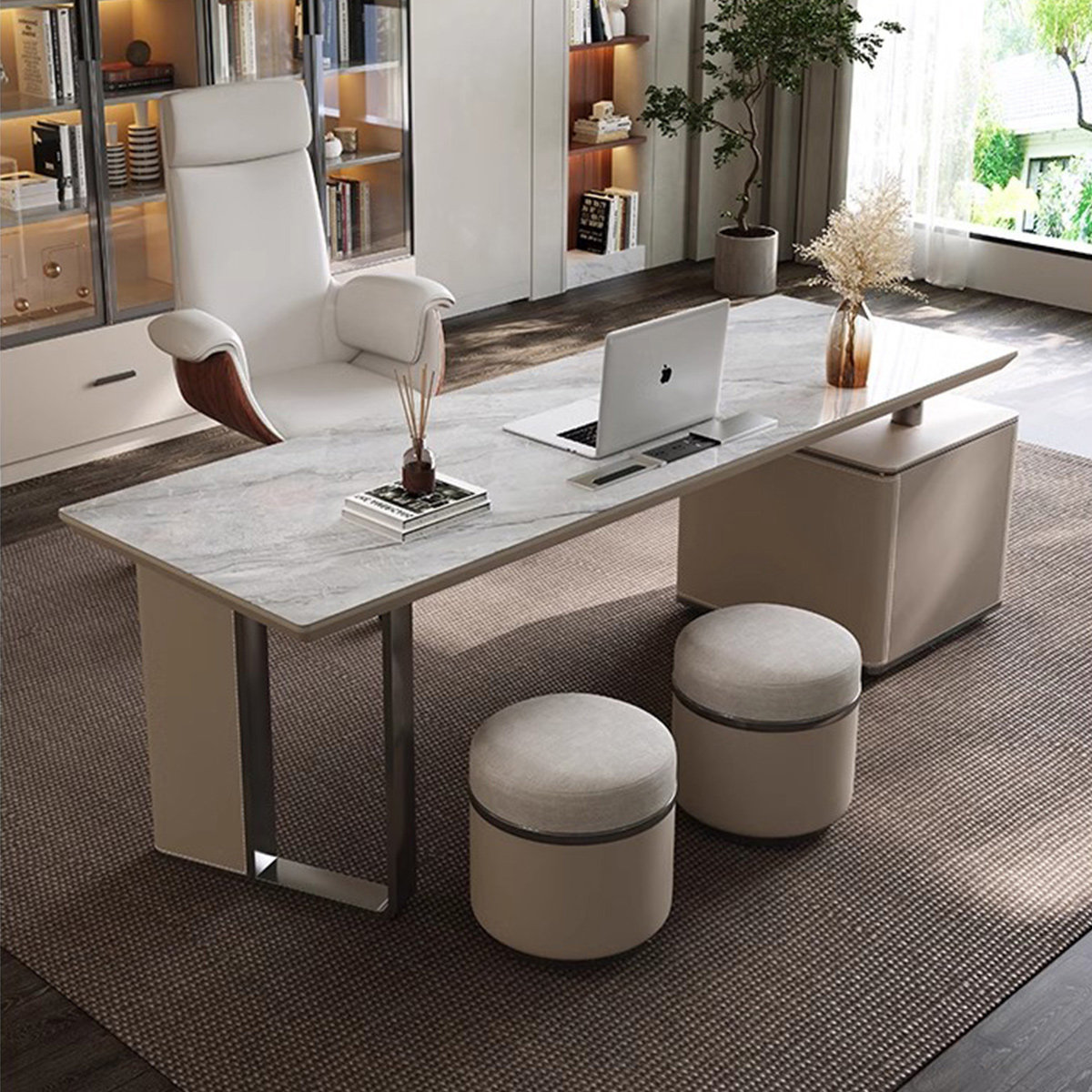 Hokku Designs Picture colour Rectangular Sintered Stone tabletop with 3 drawers Executive Desk ...