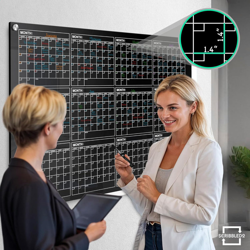 Scribbledo Black Magnetic 34”x46” Glass Whiteboard Yearly Calendar ...