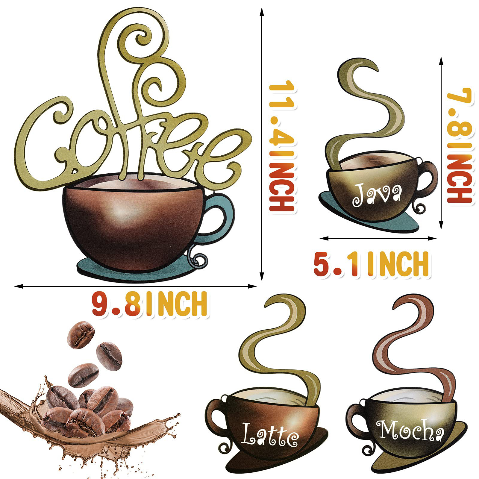 BOJUNTAN 4 Pieces Metal Coffee Cup Wall Decor Coffee Bar Decor Cafe ...