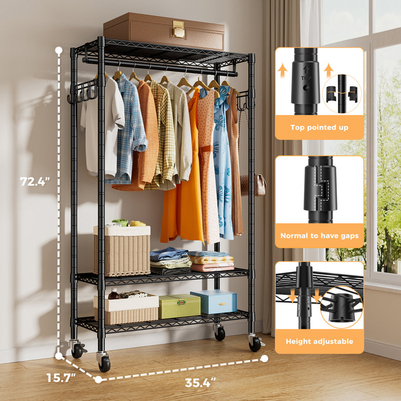 Rebrilliant 35.4'' Metal Rolling Clothes Rack, Portable Closet Racks ...