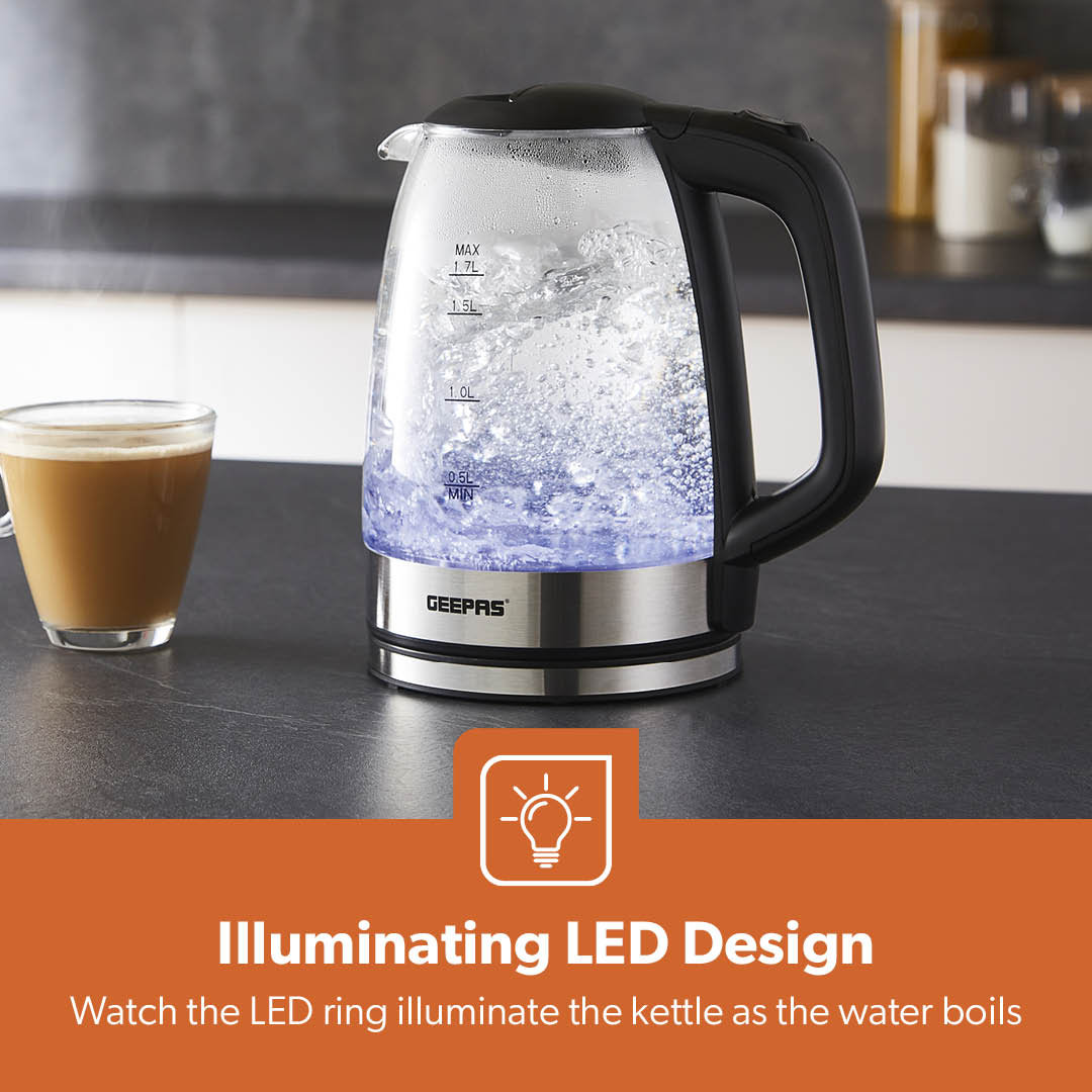 GEEPAS Illuminating Electric Glass Kettle 1.7L Cordless Jug Kettle with ...