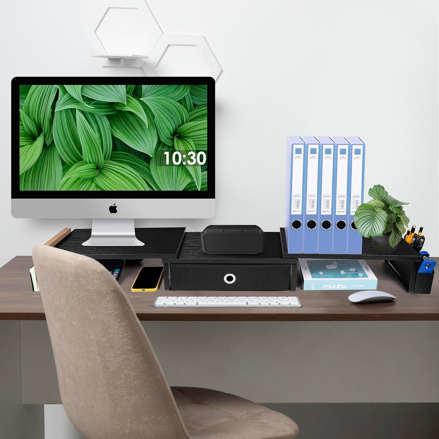 Inbox Zero Dual Monitor Stand Riser W/ Drawer & Metal Leg,Black-Dual ...