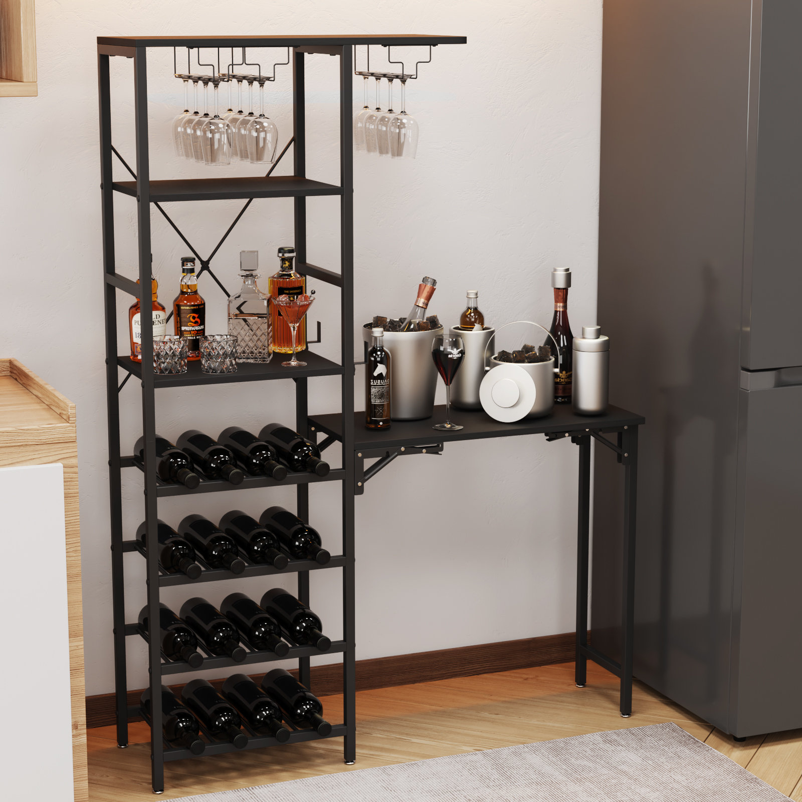 17 Stories Freestanding Wine Bakers Rack with Glass Holder, Wine ...