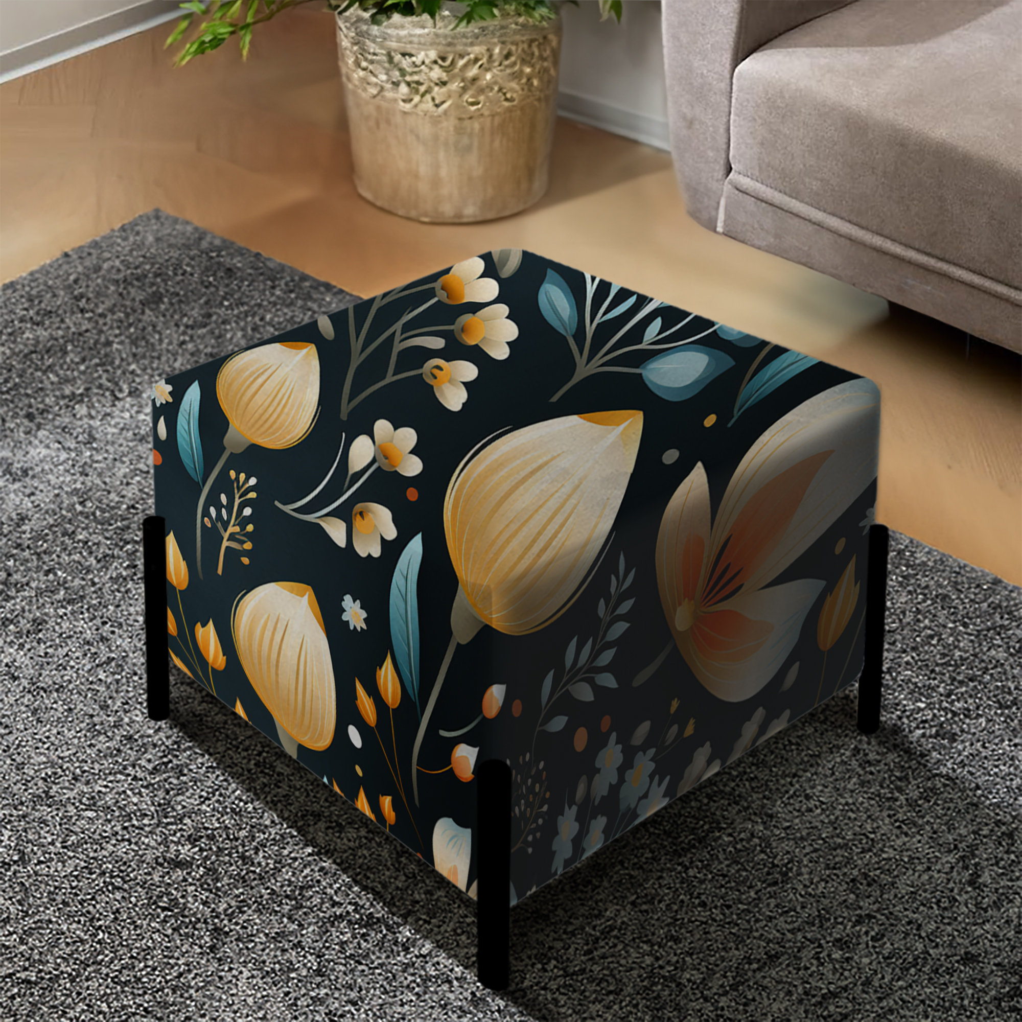 Design Art Scandinavian Botanical Collage - Botanical Square Ottoman ...