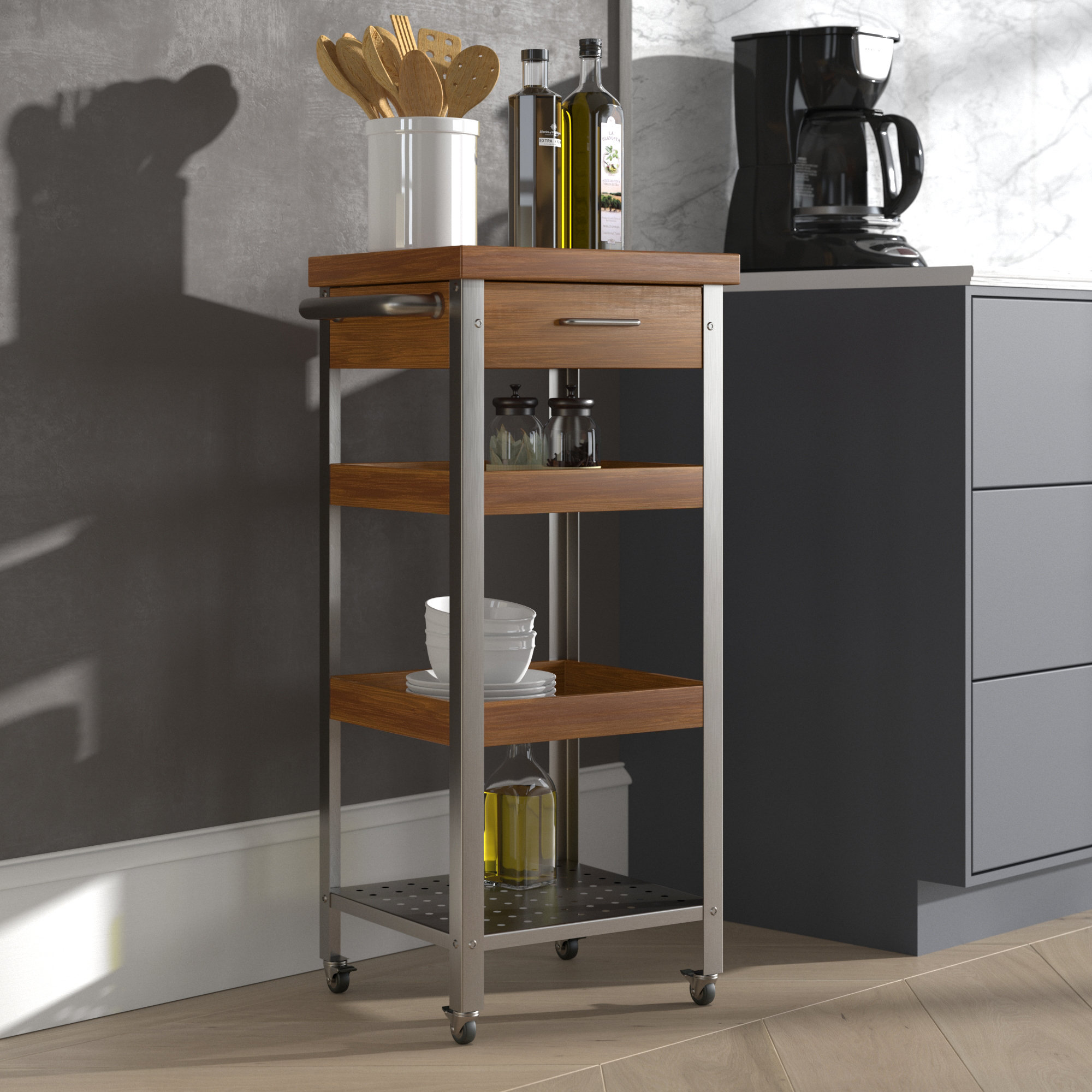 Wade Logan Albarracin Solid Bamboo & Stainless Steel Kitchen Cart Tower ...