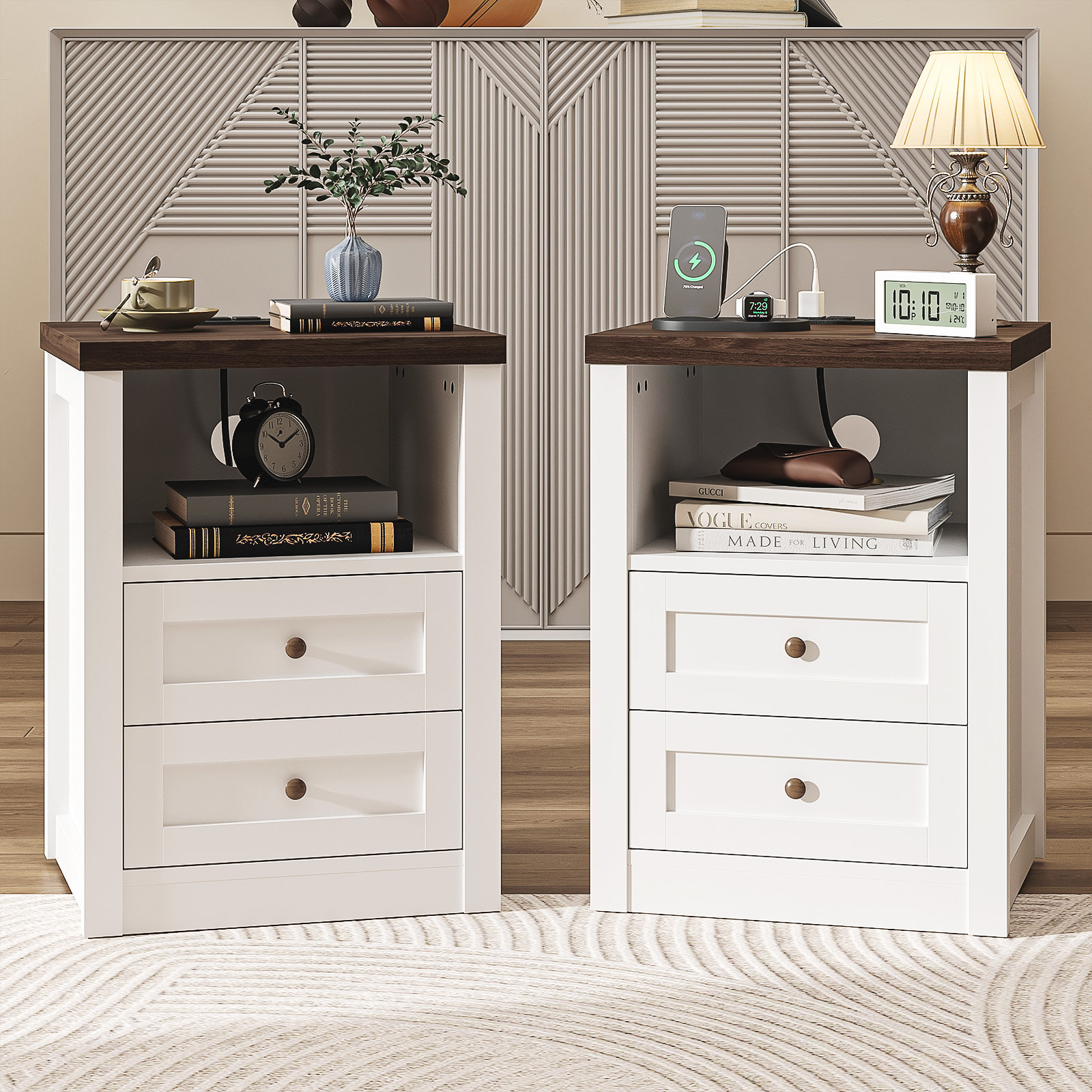 Lark Manor™ Farmhouse Nightstand 2 Set, With Charging Station, Rustic ...