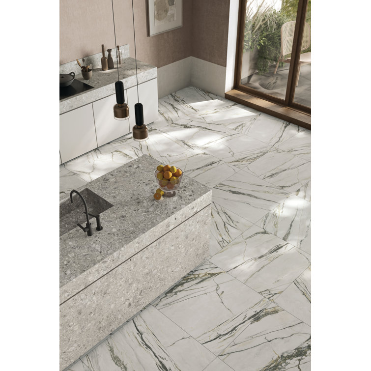 Mirrella Calacatta Bamboo 24" x 48" Beveled Porcelain Marble Look Wall ...