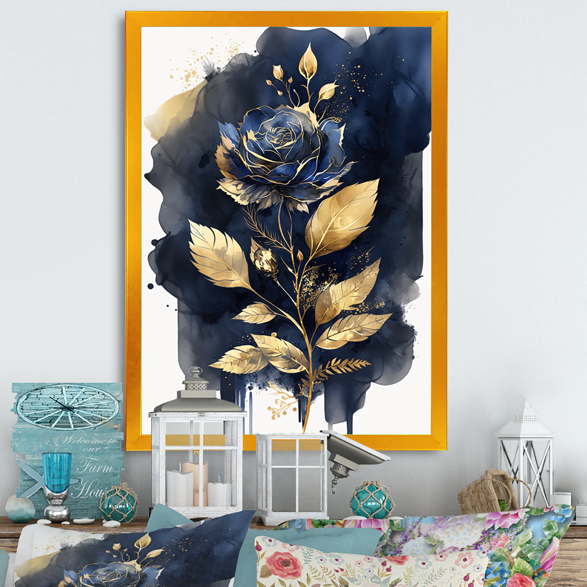 House of Hampton Blue And Gold Painted Rose On White III Blue And Gold ...