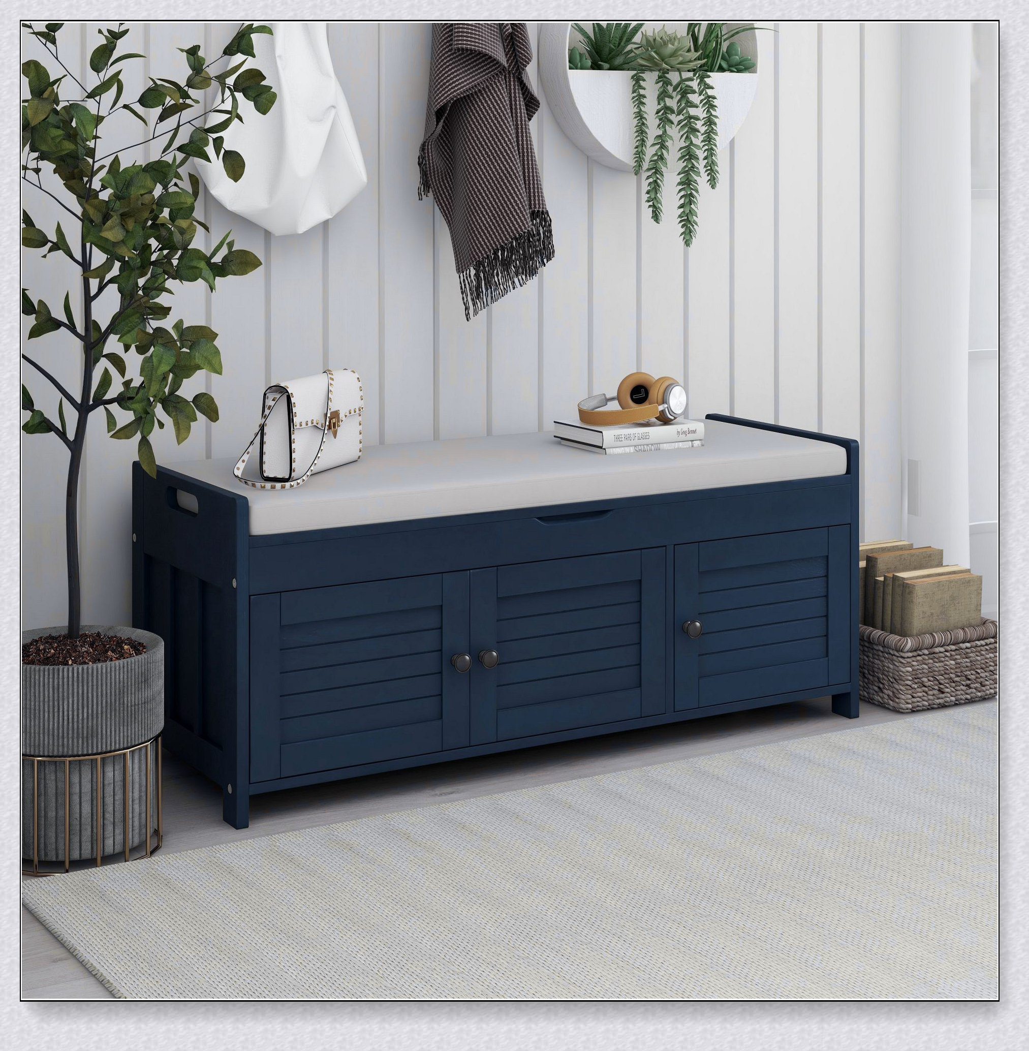 Lark Manor Storage Bench with 3 Shutter-shaped Doors, Shoe Bench with ...