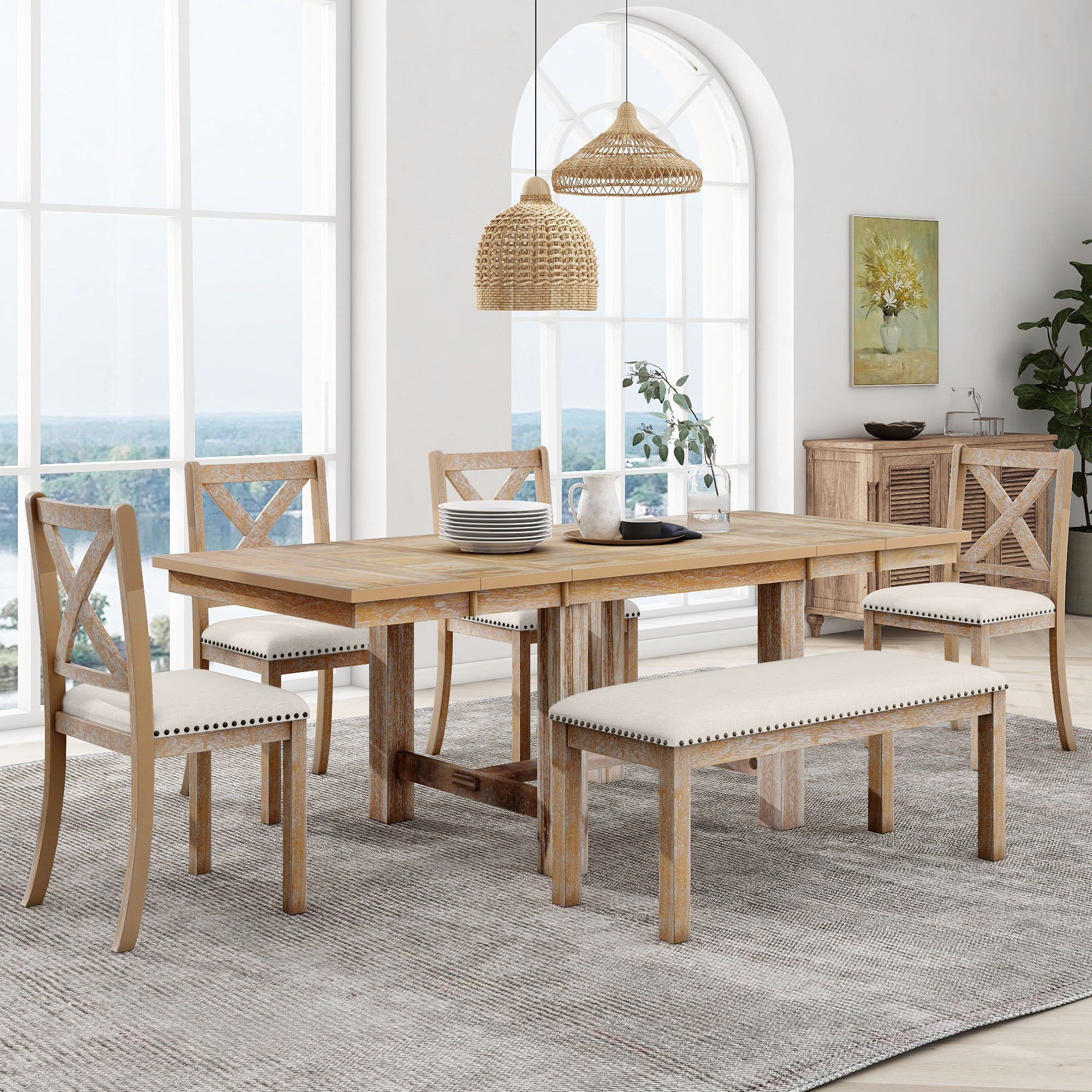 One Allium Way® TOPMAX Farmhouse 82Inch 6-Piece Extendable Dining Table ...