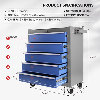 WFX Utility™ 5 Drawers Rolling Tool Chest with Wheels, Portable Rolling ...