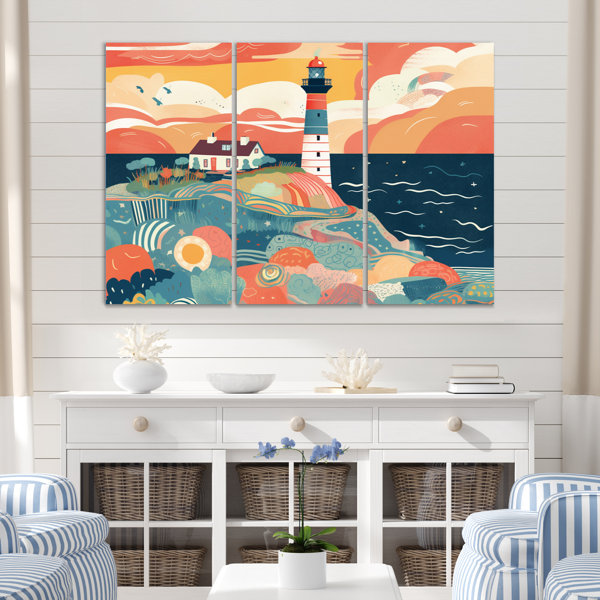 Breakwater Bay Coastal Lighthouse III On Canvas 3 Pieces Print | Wayfair