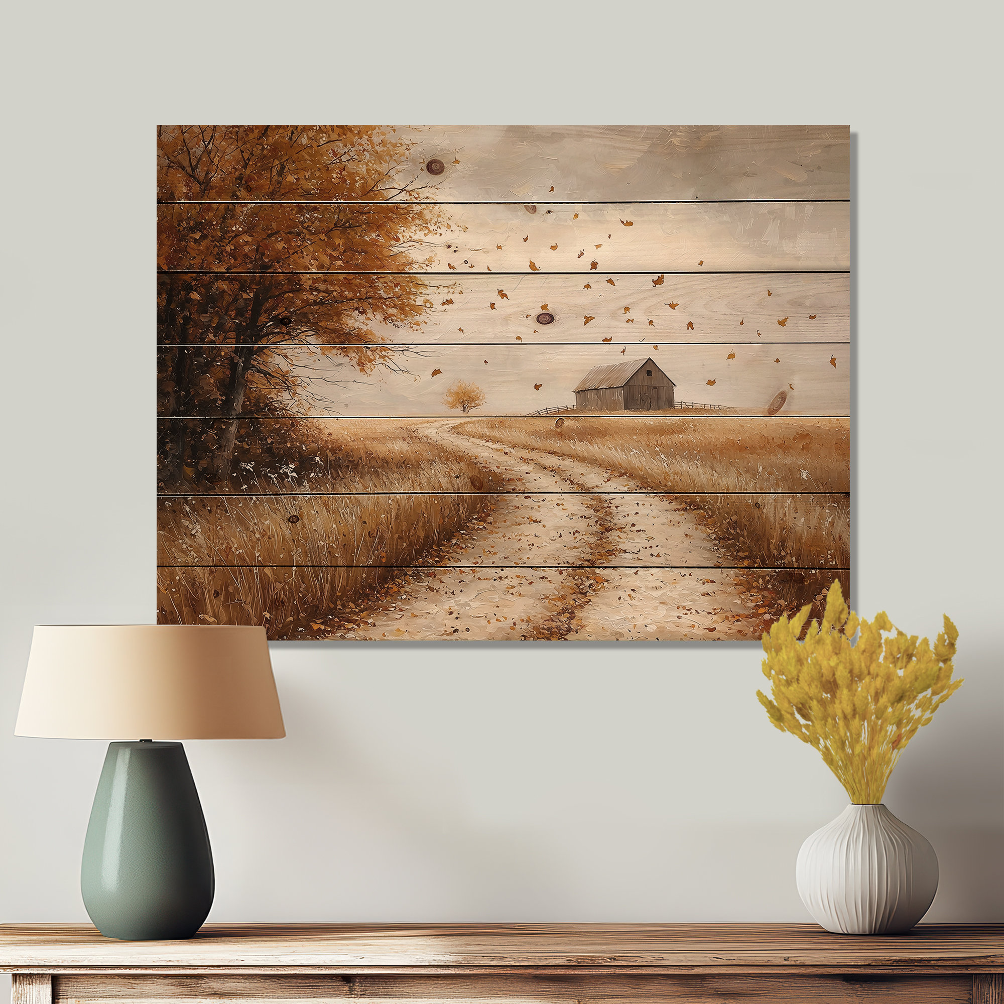 Ophelia & Co. Windy Prairie Leaves Path To The Barn II - Leaves Wood ...