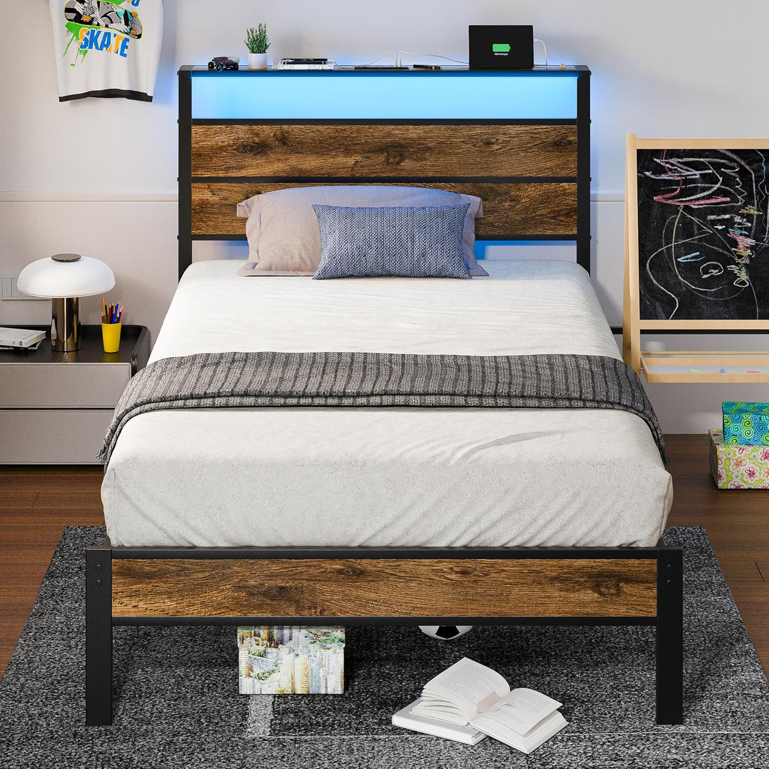 Wrought Studio Twin Bed Frame With Storage Headboard USB Charging ...