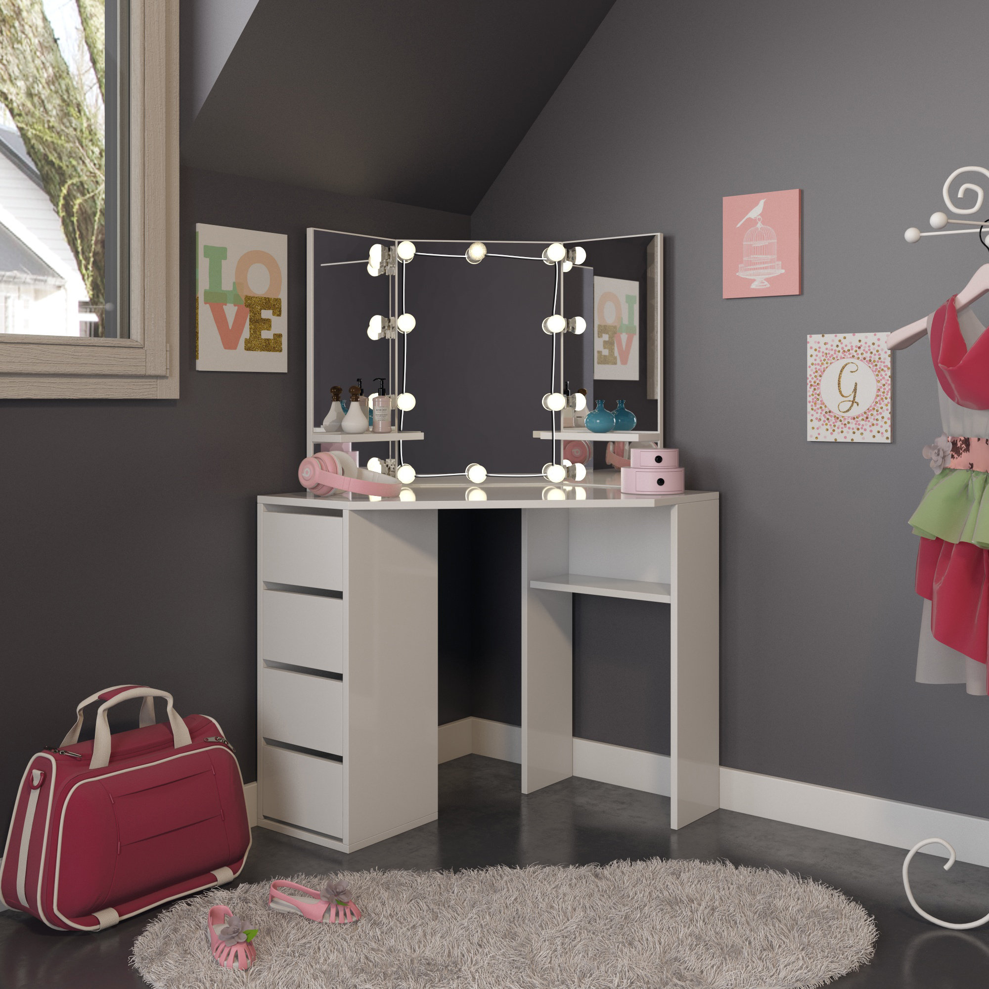 Latitude Run® Jaylianiz Victory Corner Makeup Vanity with Mirror ...