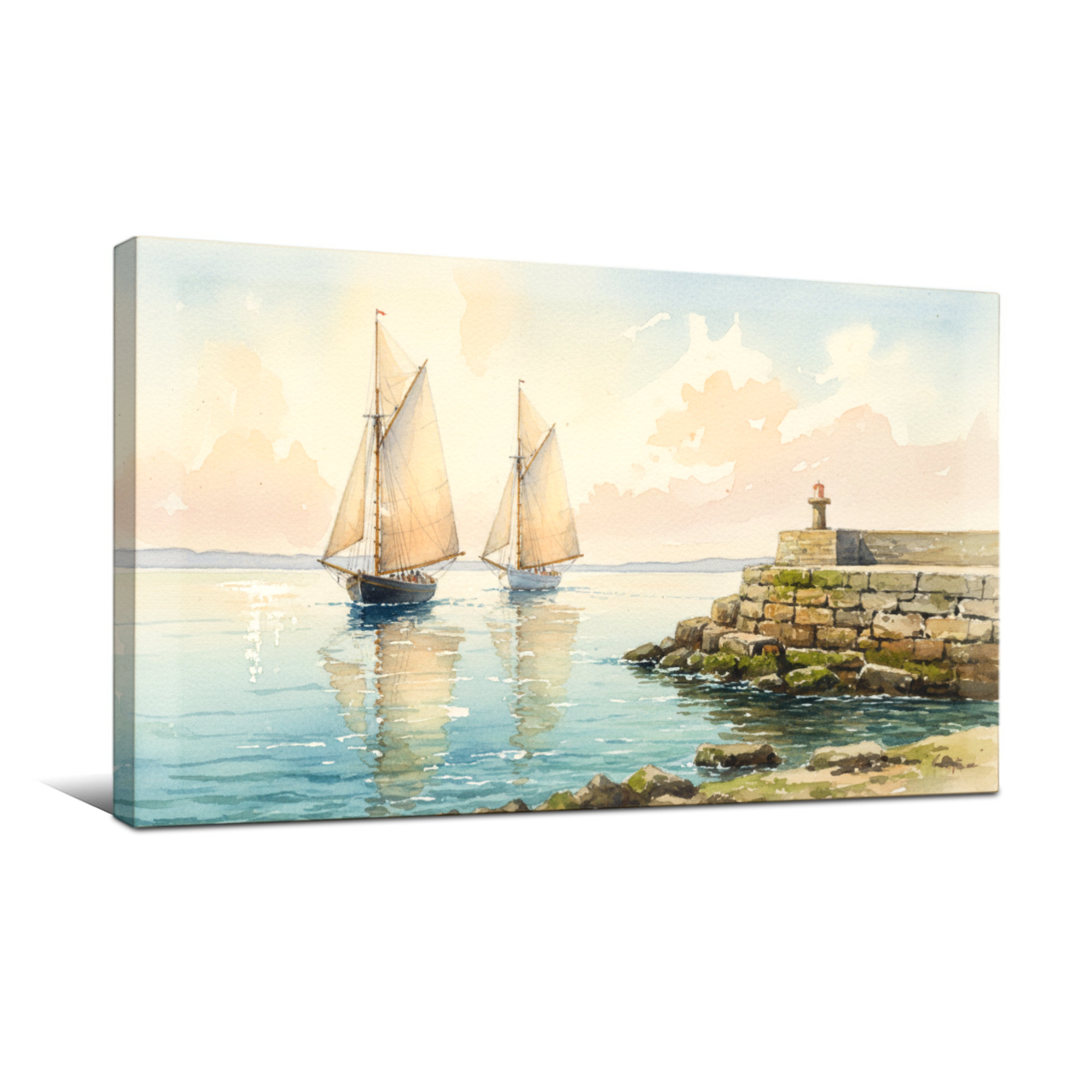 Breakwater Bay Nautical & Beach Sailboats On Calm Water Near Stone Pier ...