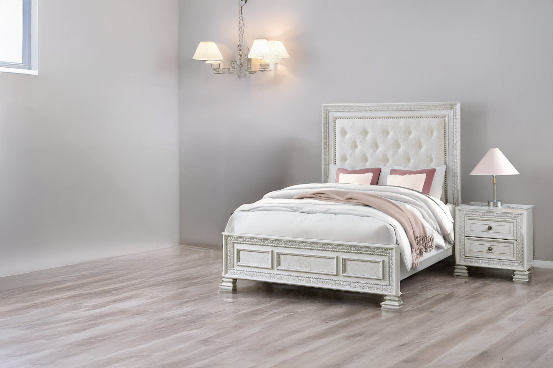 Alcott Hill Senorina Pearl White Upholstered Tufted Panel Bedroom Set ...