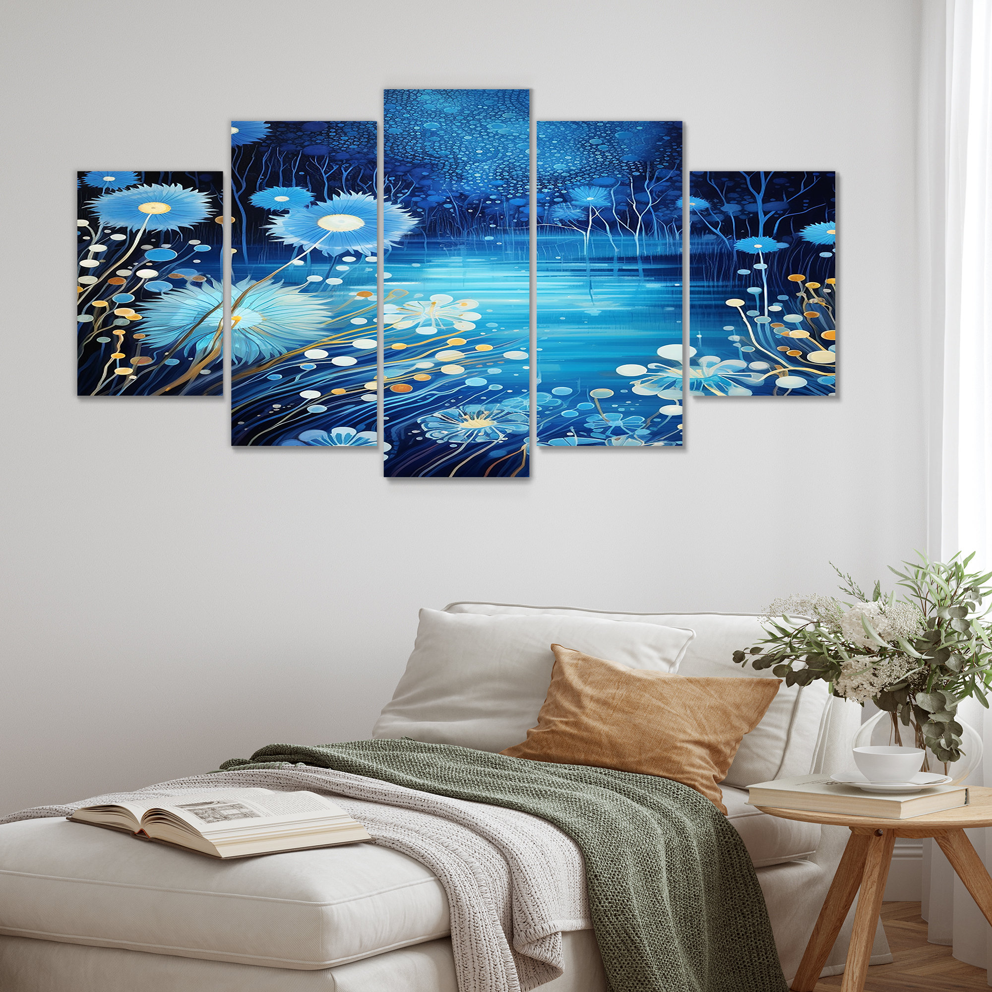 Design Art Dandelion Pappus Misty Blue River At Night - Dandelion Wall ...