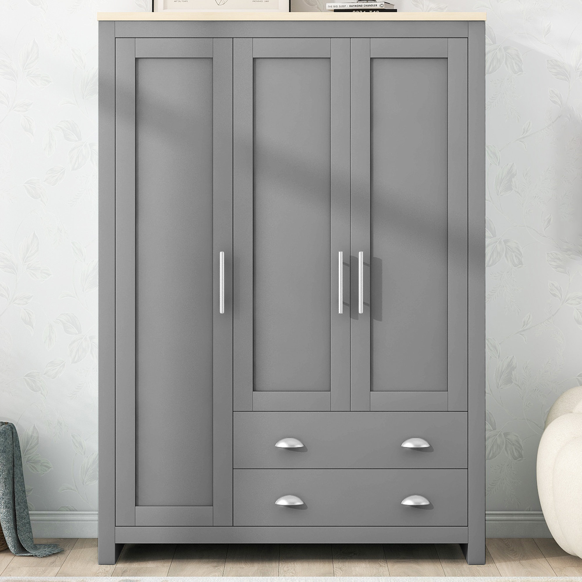 Lark Manor Wooden 3-Door Storage Wardrobe With Cabinets And 2 Hanging ...