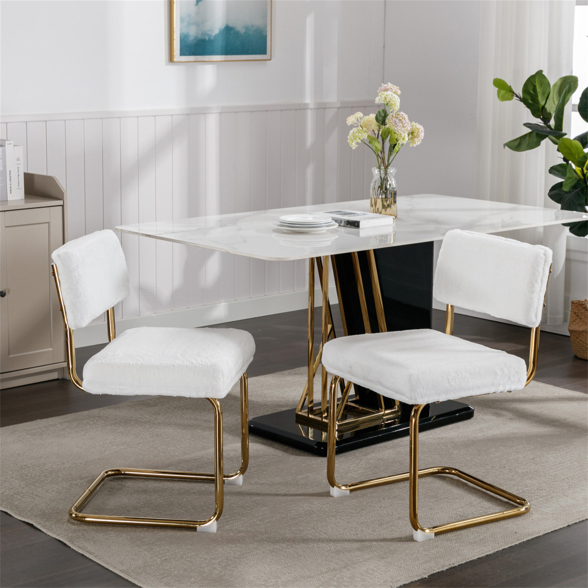 Mercer41 Modern Dining Chairs With Artificial Rabbit Hair,Gold Metal ...