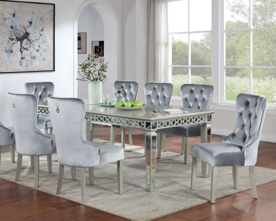 Everly Quinn Silver Dining Table with Leaf Mirror Accent Design ...