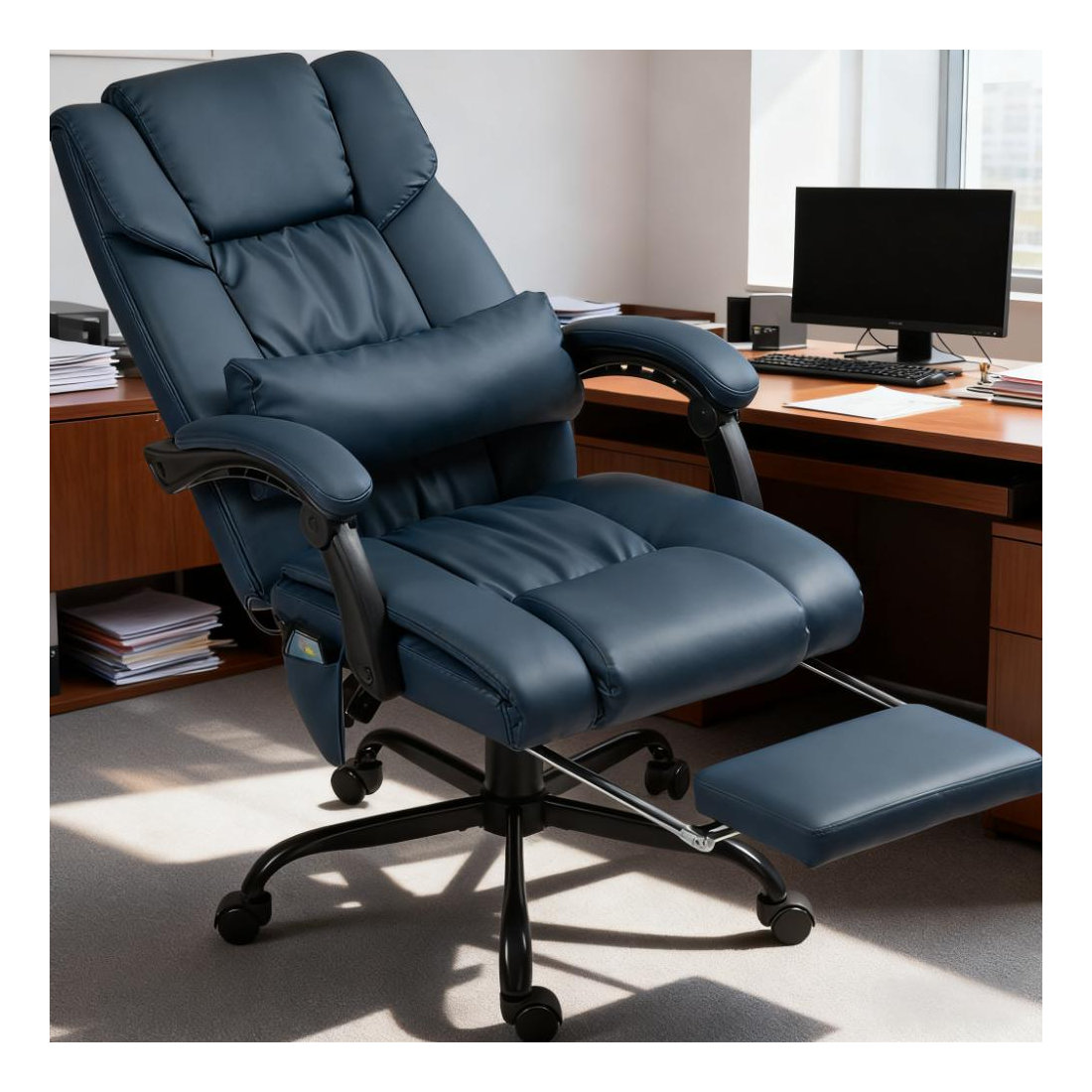 godohome Ergonomic Executive Office Chair with Footrest - Blue Faux ...