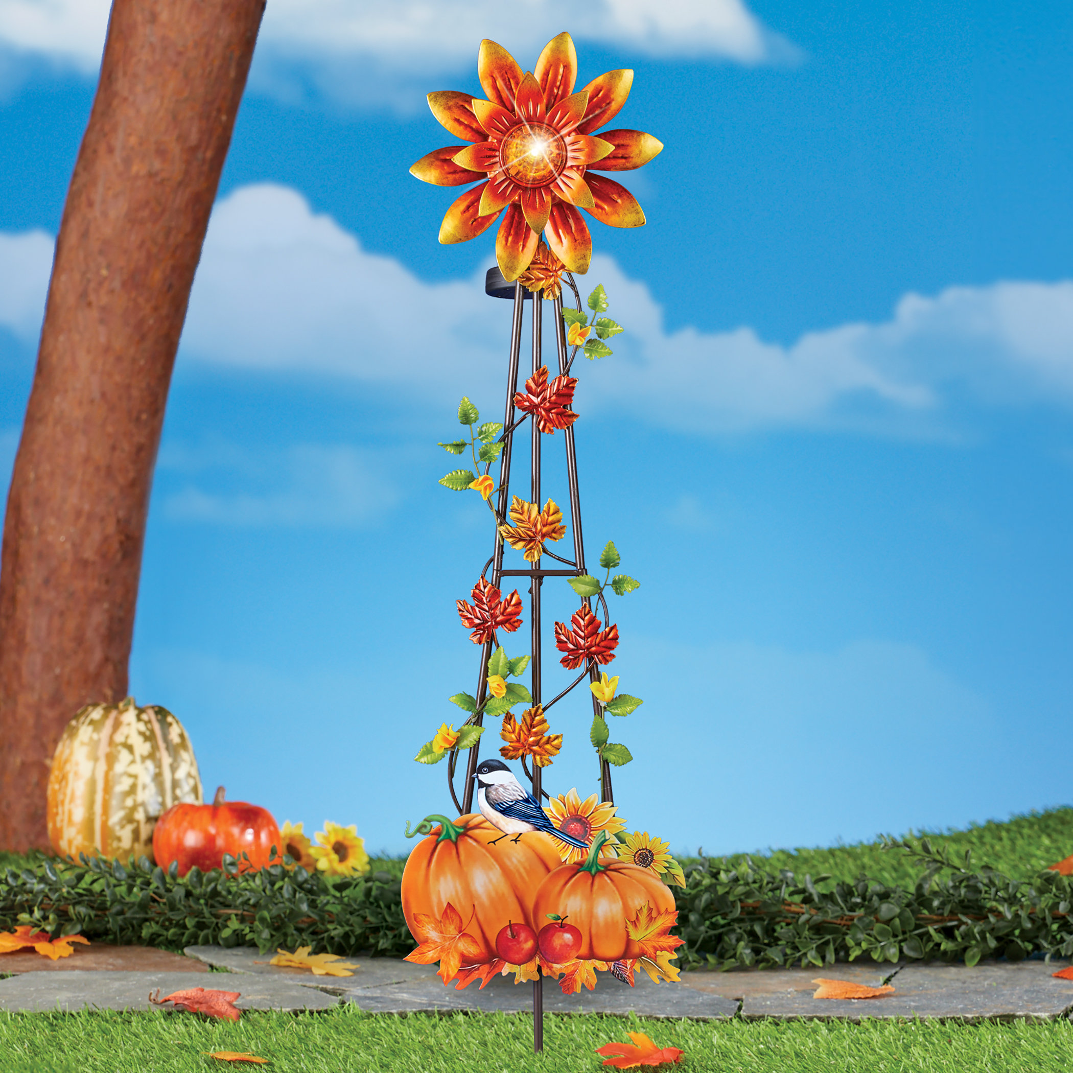 Ophelia & Co. Solar Powered Autumn Sunflower Trellis Wind Spinner ...