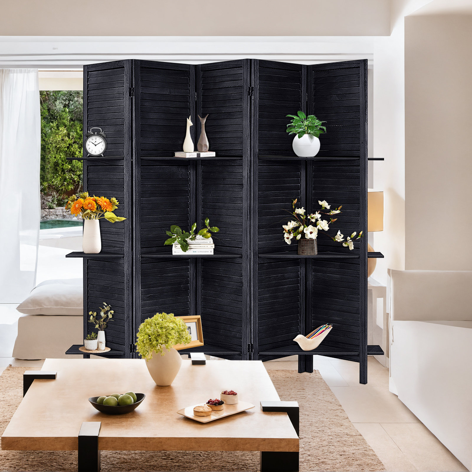 Gracie Oaks 5.6Ft Tall Room Divider With Shelves Wooden Folding Privacy ...