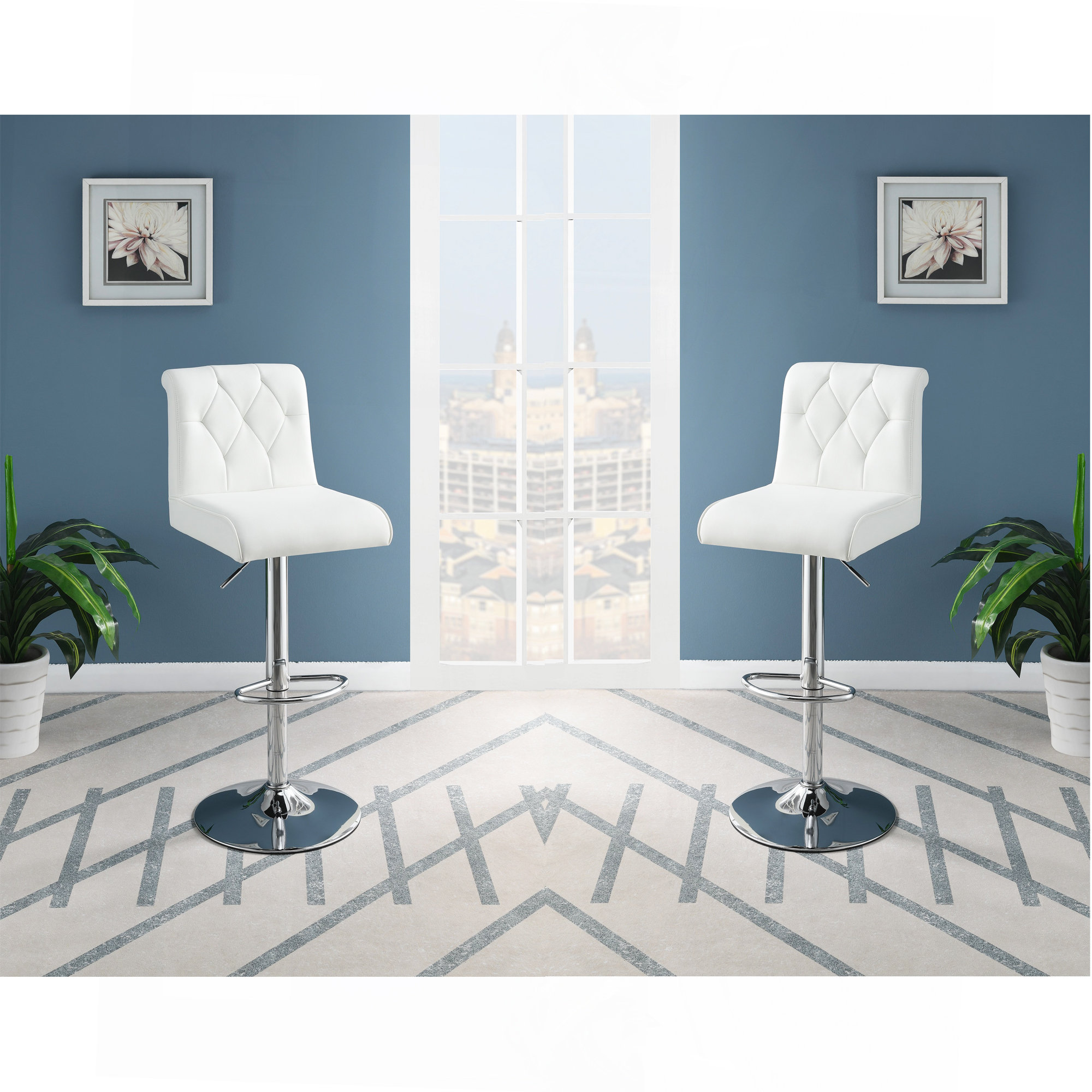 Orren Ellis Adjustable Bar Stool Gas Lift Chair Faux Leather Tufted ...