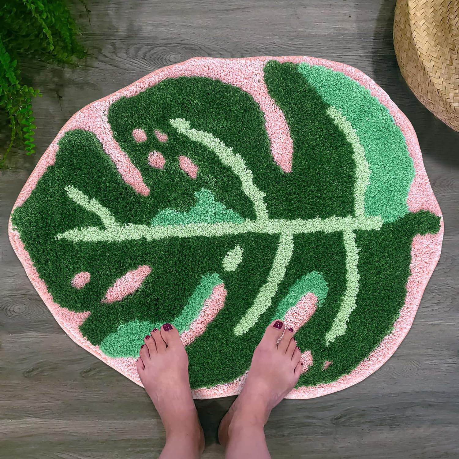 Bayou Breeze Monstera Bath Mat Cute Bathroom Rug Non Slip Palm Shaped ...