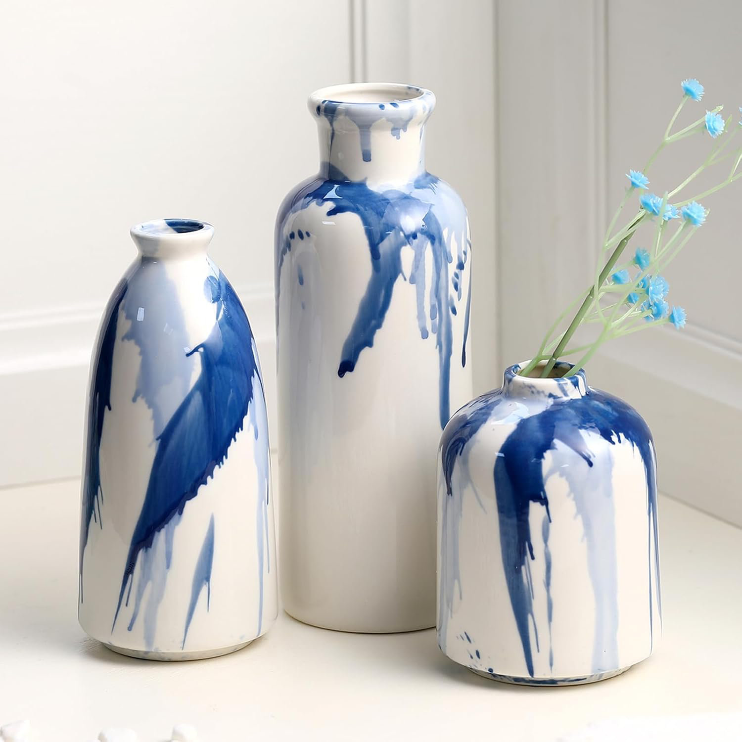 Ivy Bronx Set Of 3 Blue Vase Decorative Ink Splash Creative Ceramic ...